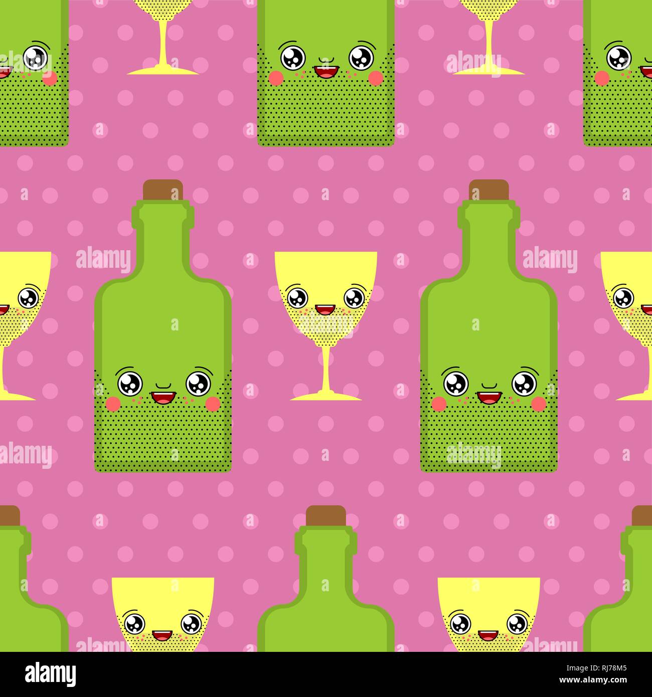 Alcohol and glass kawaii pattern seamless Cute cartoon. Funny Bottle ...