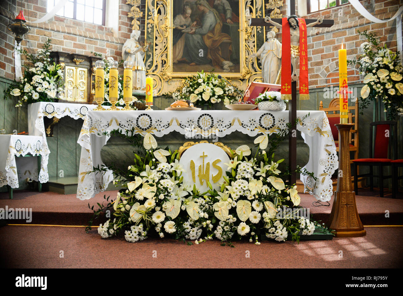altar in the church prepared for the first communion Stock Photo - Alamy