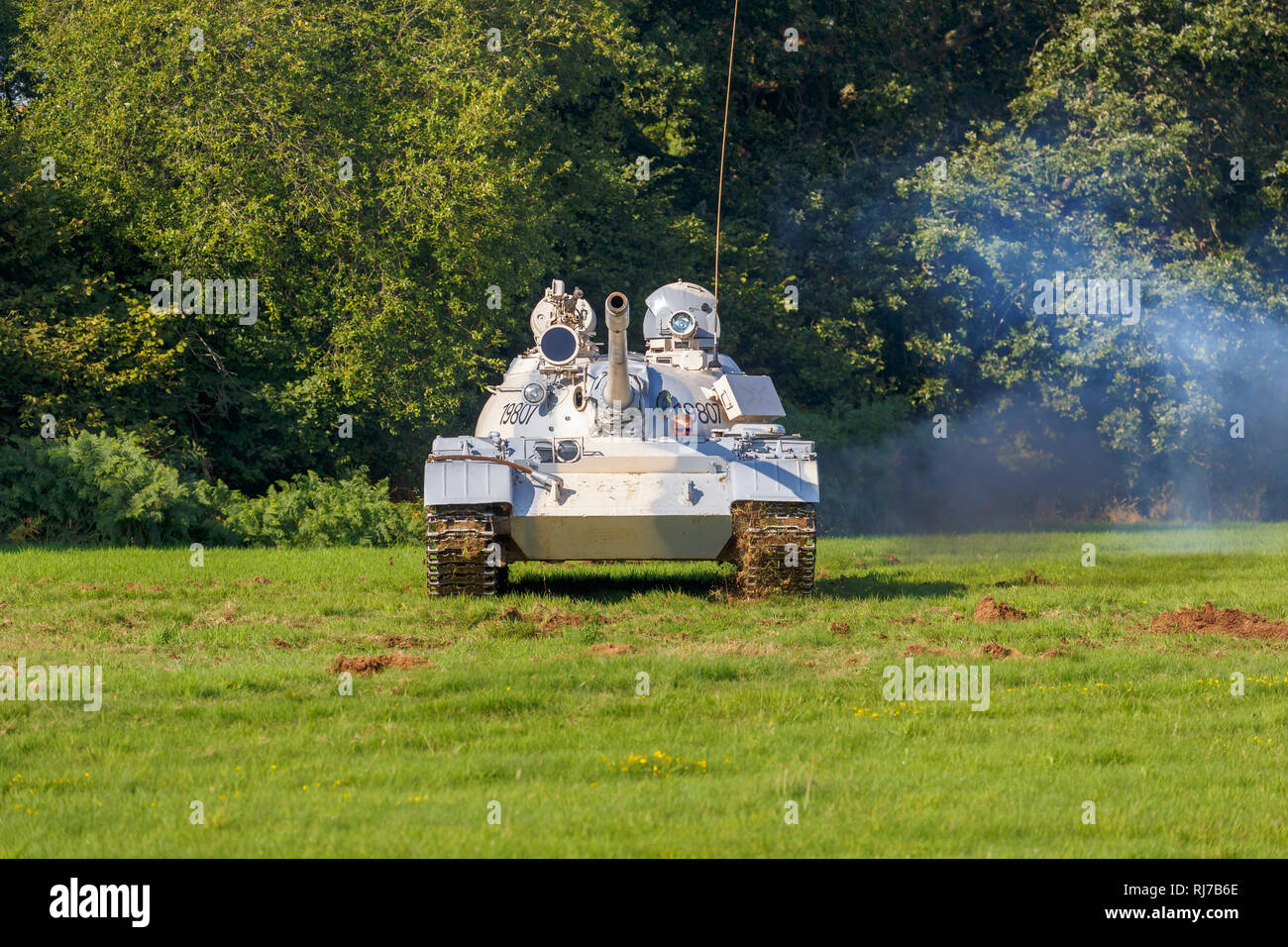 T55A battle tank front view in motion and emitting smoke, ex Slovakian ...