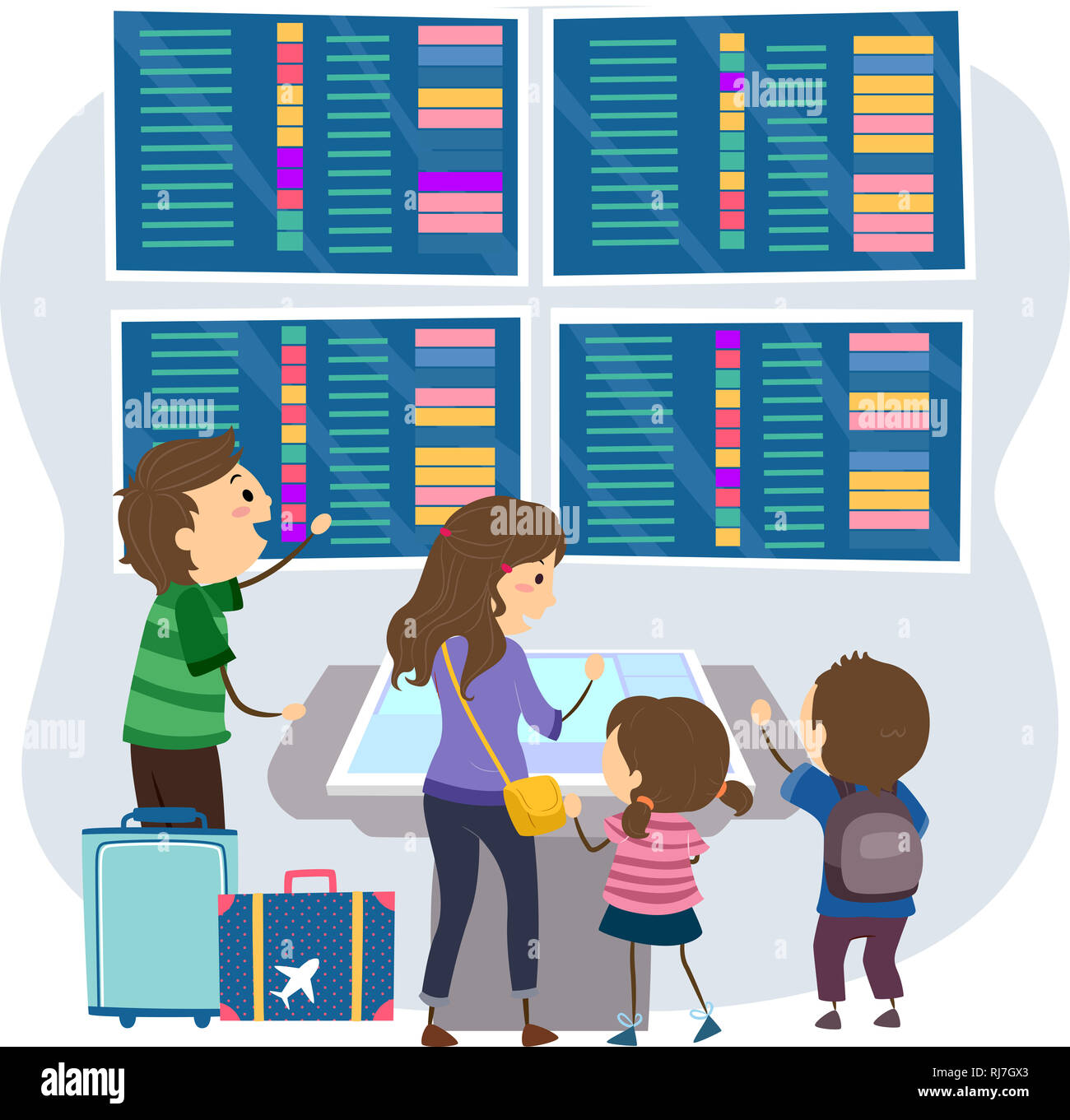 Illustration of a Stickman Family Checking Flight Information at the ...