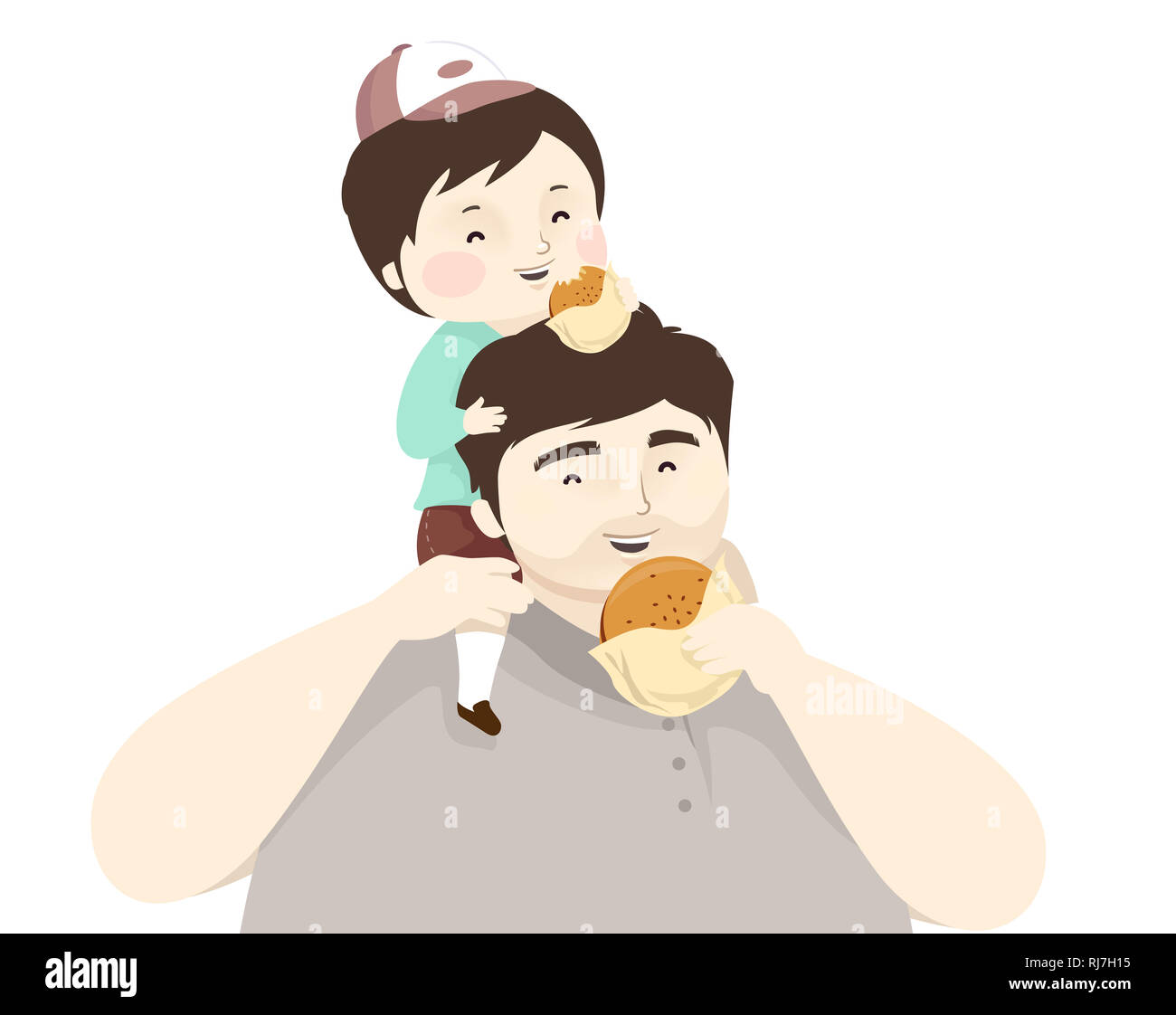 Illustration of a Kid Boy Sitting On The Shoulder Of His Father Eating ...