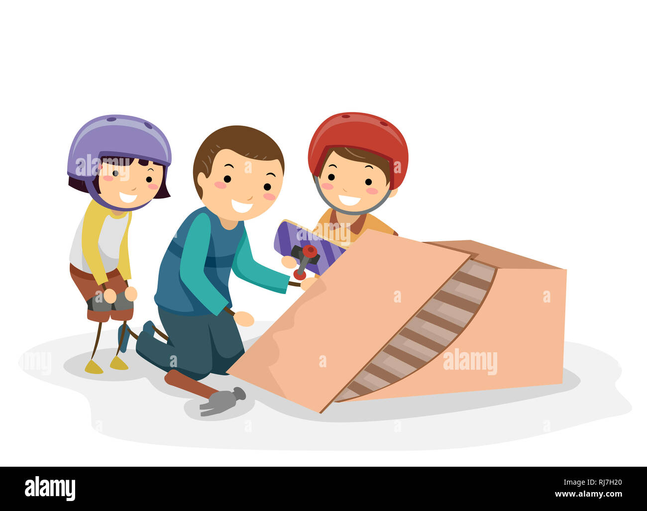 Illustration of a Stickman Father with Kids Making a Skateboarding Ramp ...