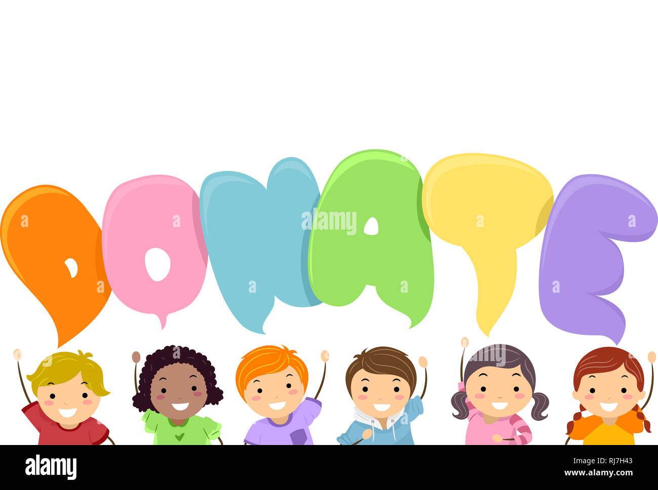 Illustration of Stickman Kids with Arms Up and Colorful Donate Speech ...