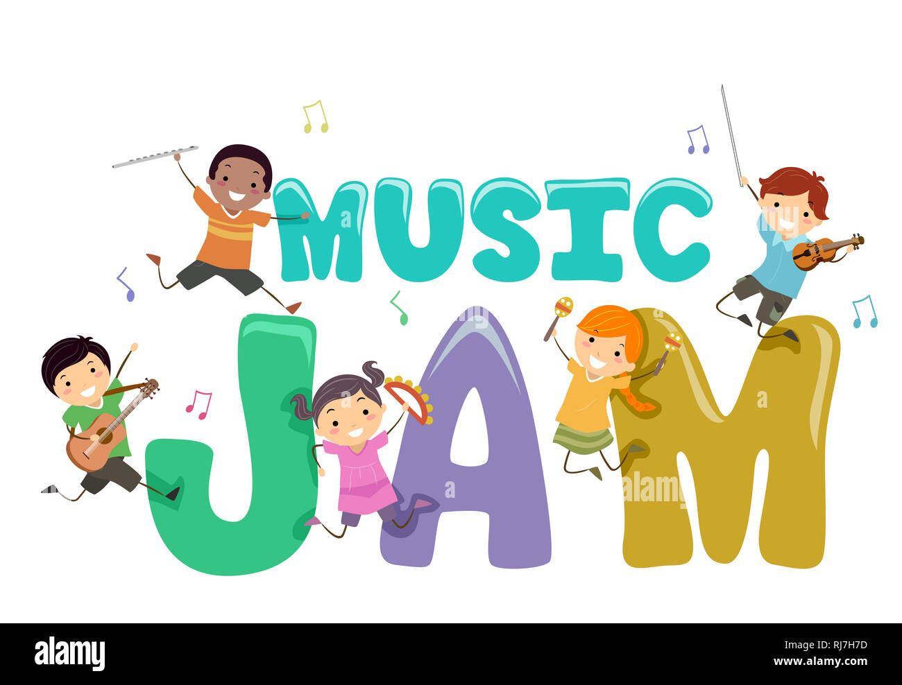 Illustration of Stickman Kids with Flute, Violin, Guitar, Tambourine ...