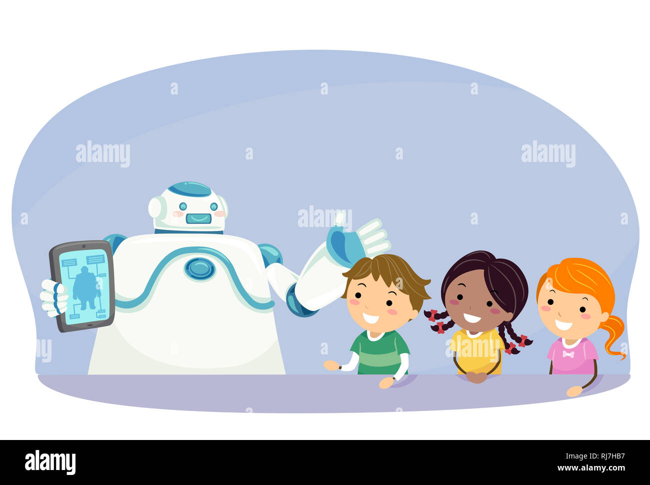 Illustration of a Robot Holding a Tablet and Explaining Things to Kids ...