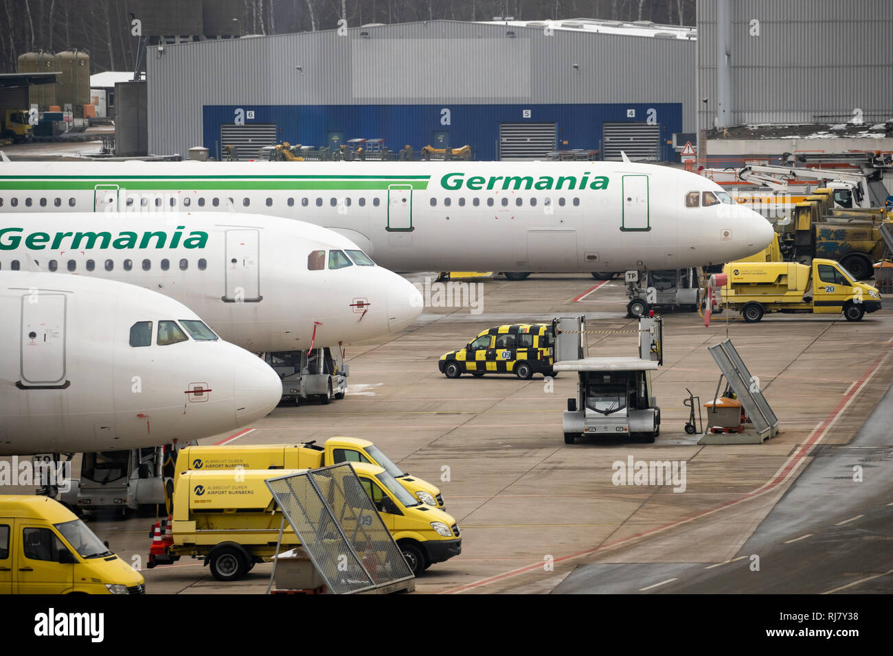 05 February 2019, Bavaria, Nürnberg: Airplanes of the airline Germania ...