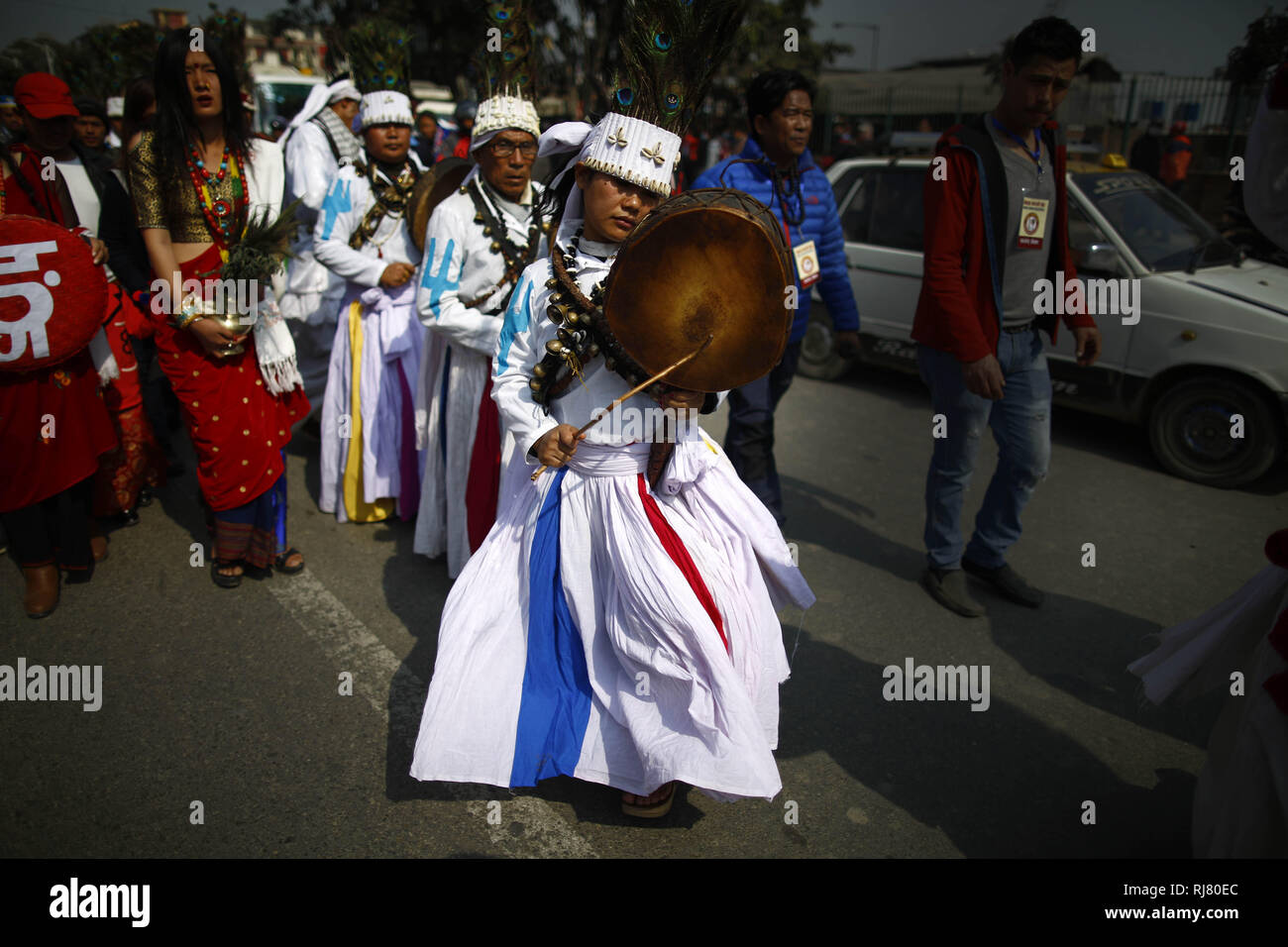 Kathmandu, Nepal. 5th Feb, 2019. Tamang Shamans in traditional attire ...