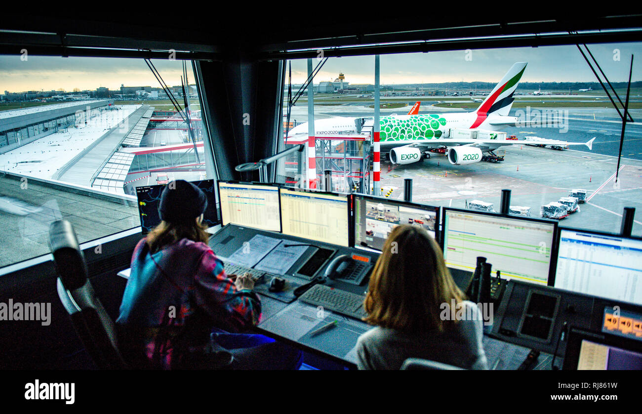 Hamburg, Germany. 05th Feb, 2019. Ground controllers work in the tower ...