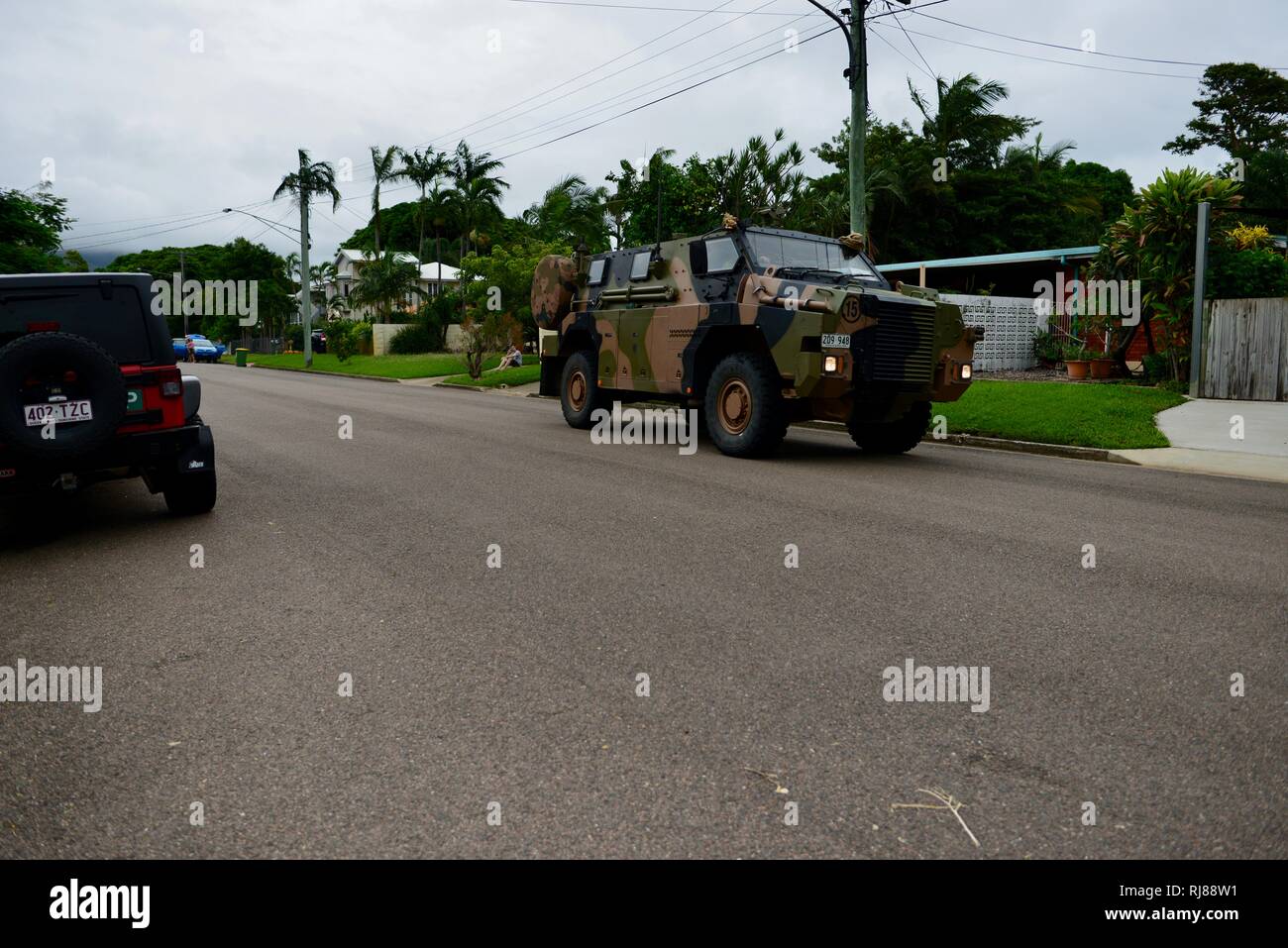 Bushmaster army vehicle in a suburban street, Townsville, Queensland ...