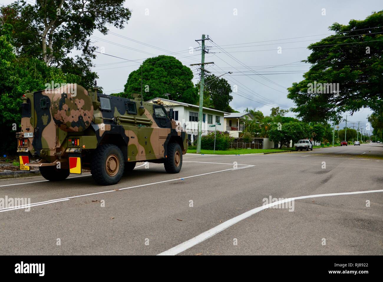 Bushmaster army vehicle in a suburban street, Townsville, Queensland ...