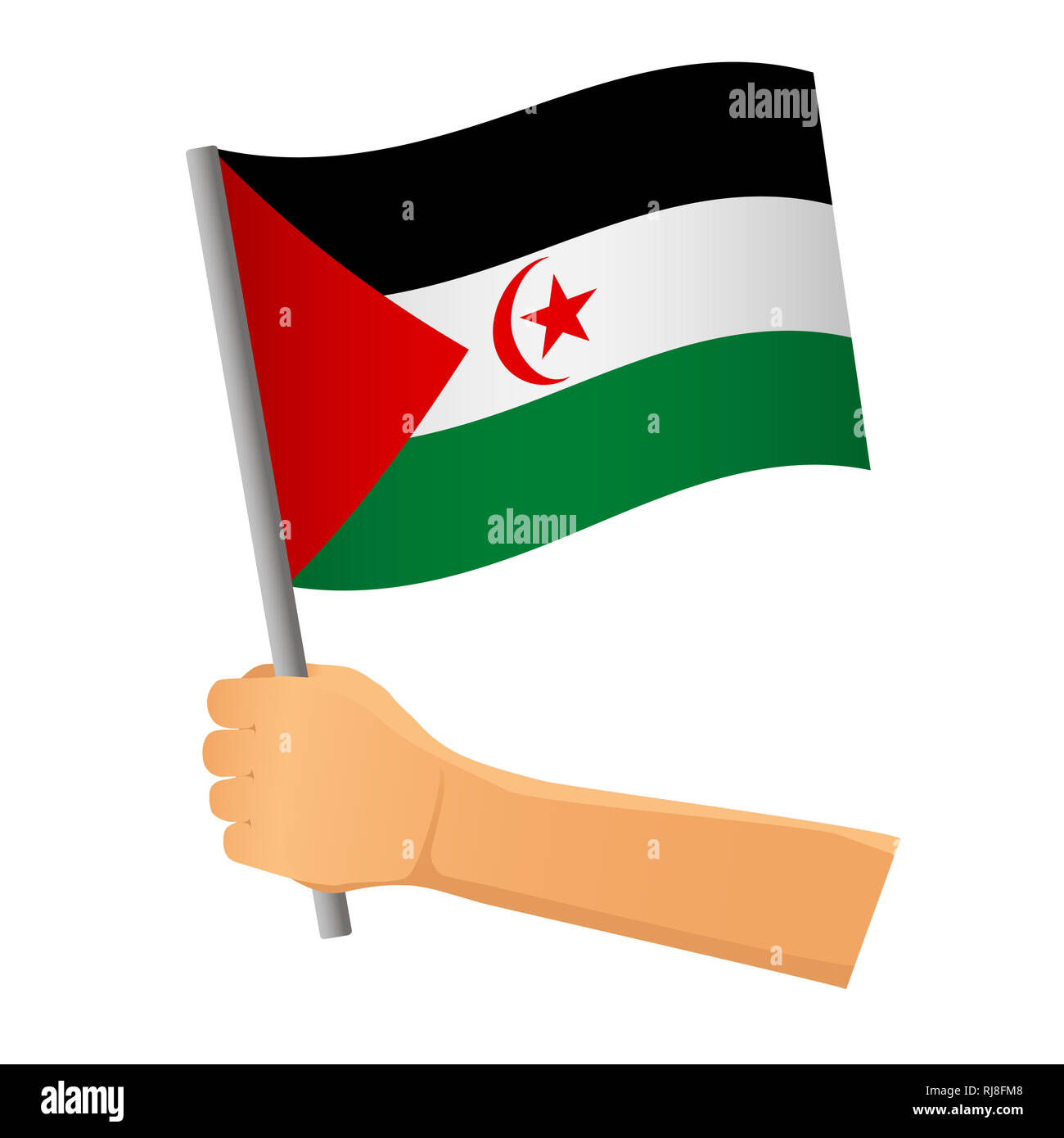 Sahrawi Arab Democratic Republic flag in hand. Patriotic background ...