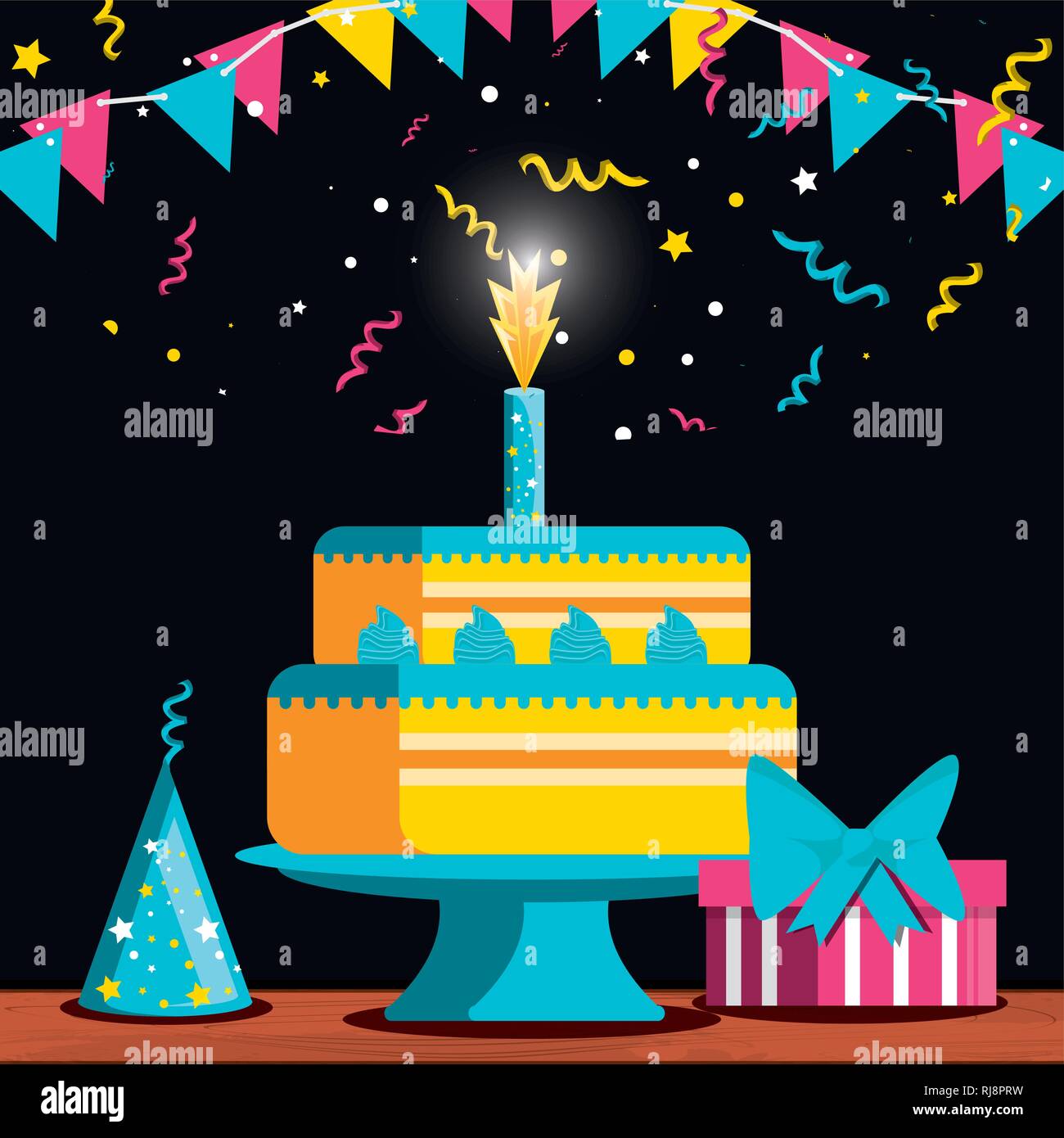 birthday cake with candle and decoration party vector illustration ...