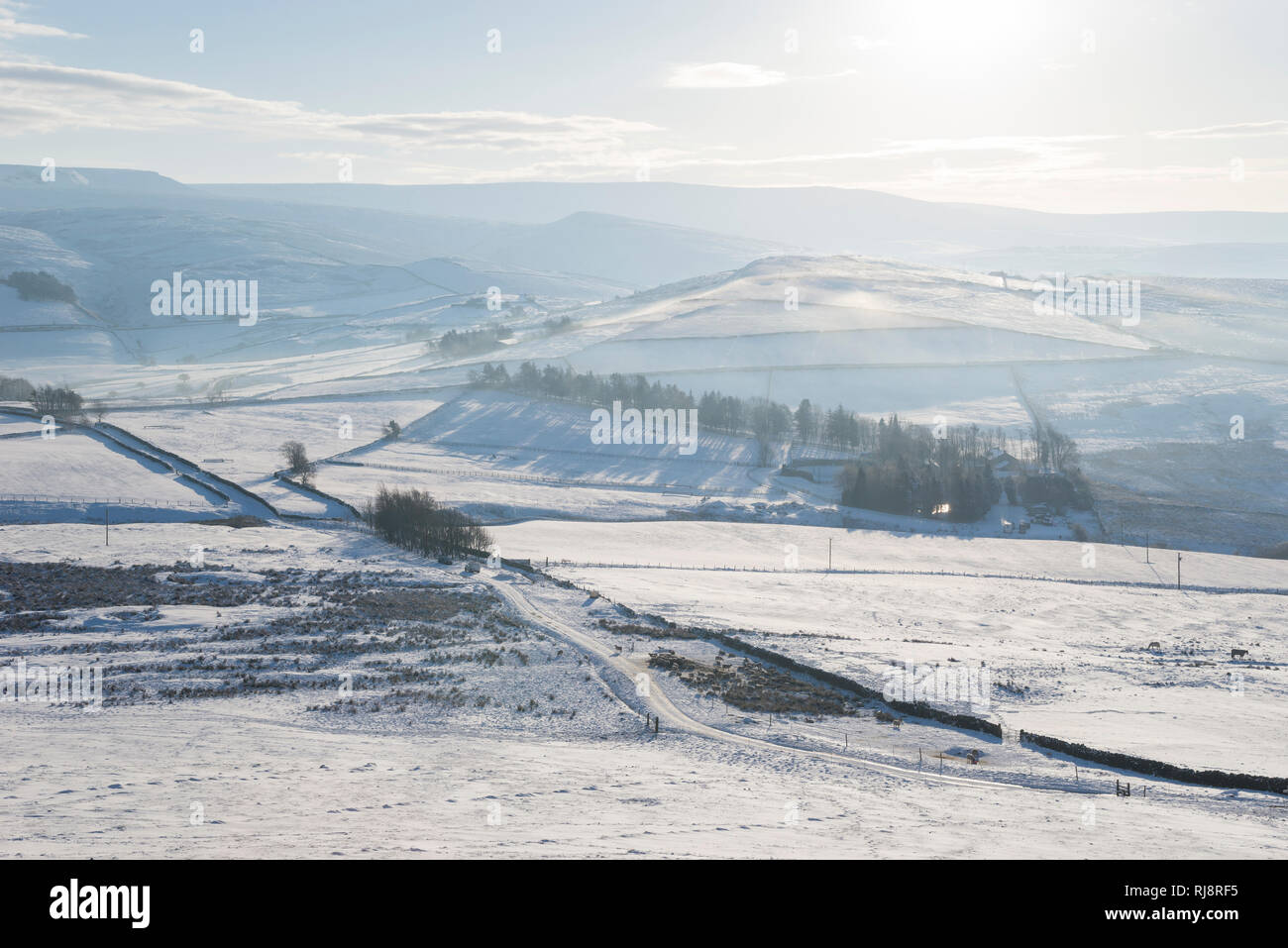 Beautiful view from Cown Edge, in the High Peak, Derbyshire on a snowy ...