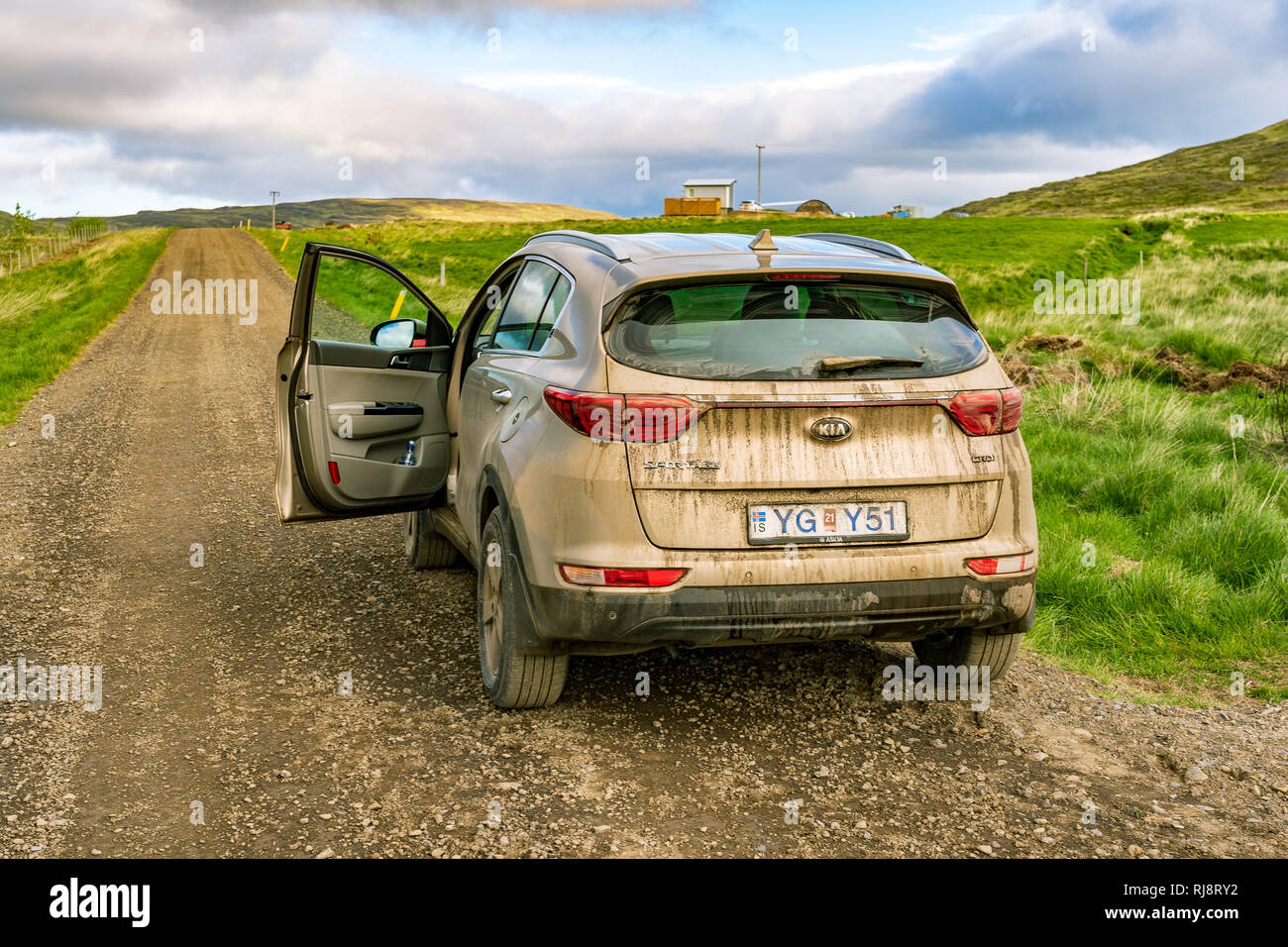 Budardalur, Iceland - Rental 4WD on a muddy road Stock Photo - Alamy