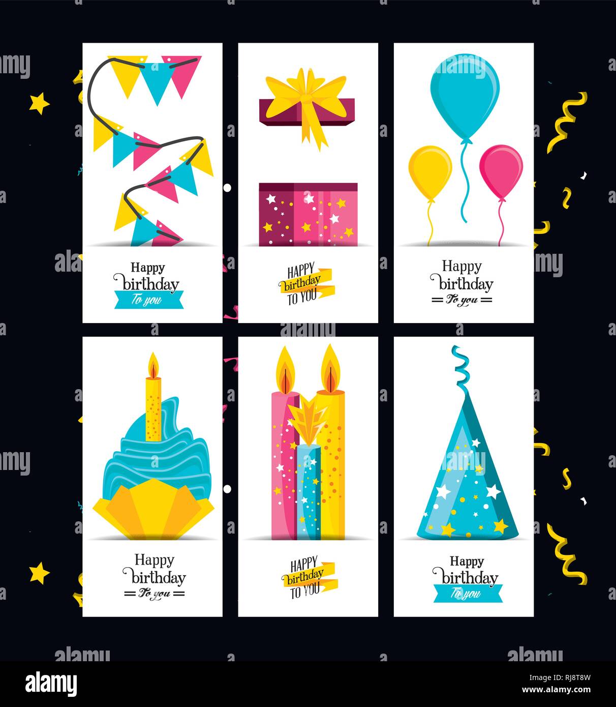 set of birthday card with decoration vector illustration design Stock ...