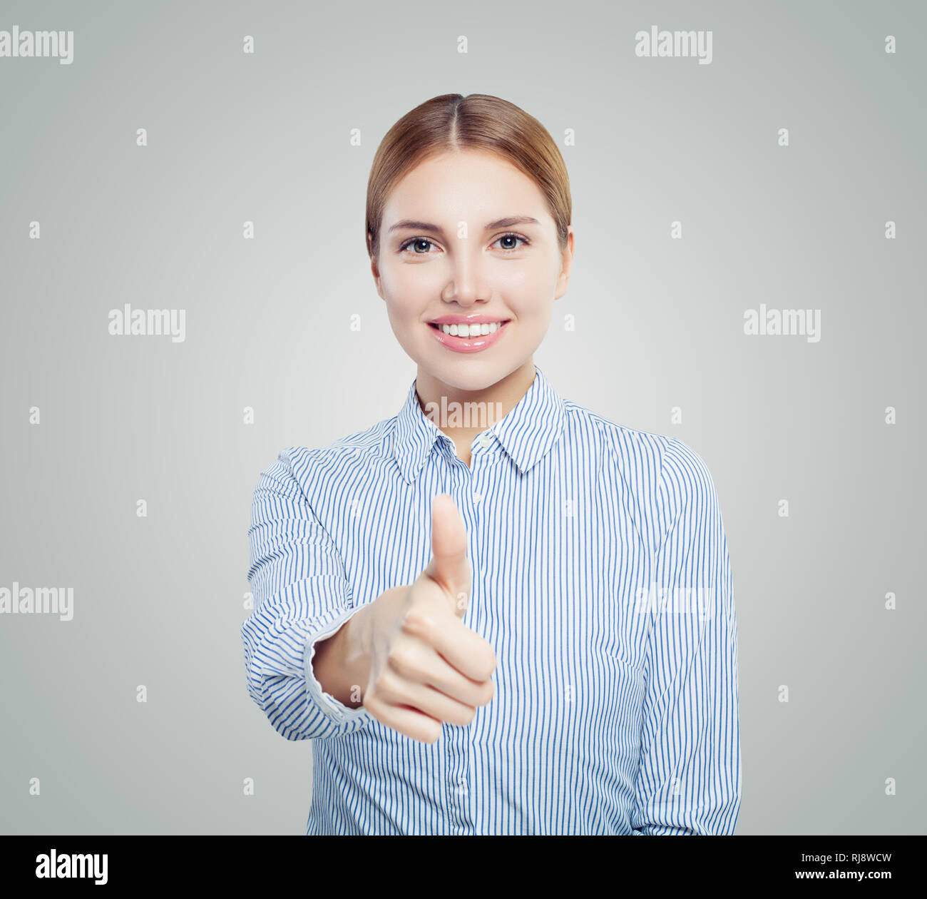 Happy woman thumb up on white background. Emotion. Expressive facial ...