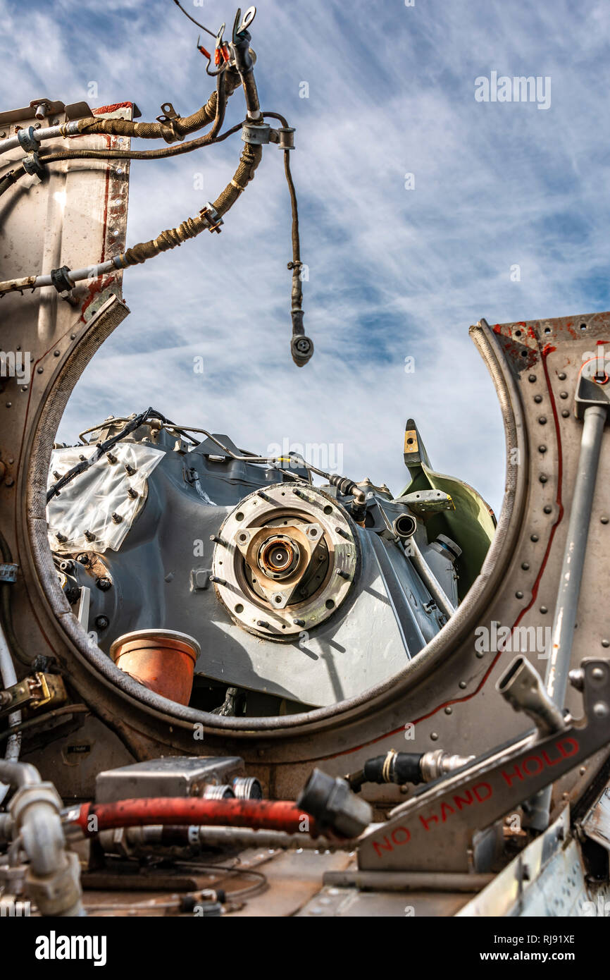 Detail shot of internal workings of jet engine from a decommissioned ...