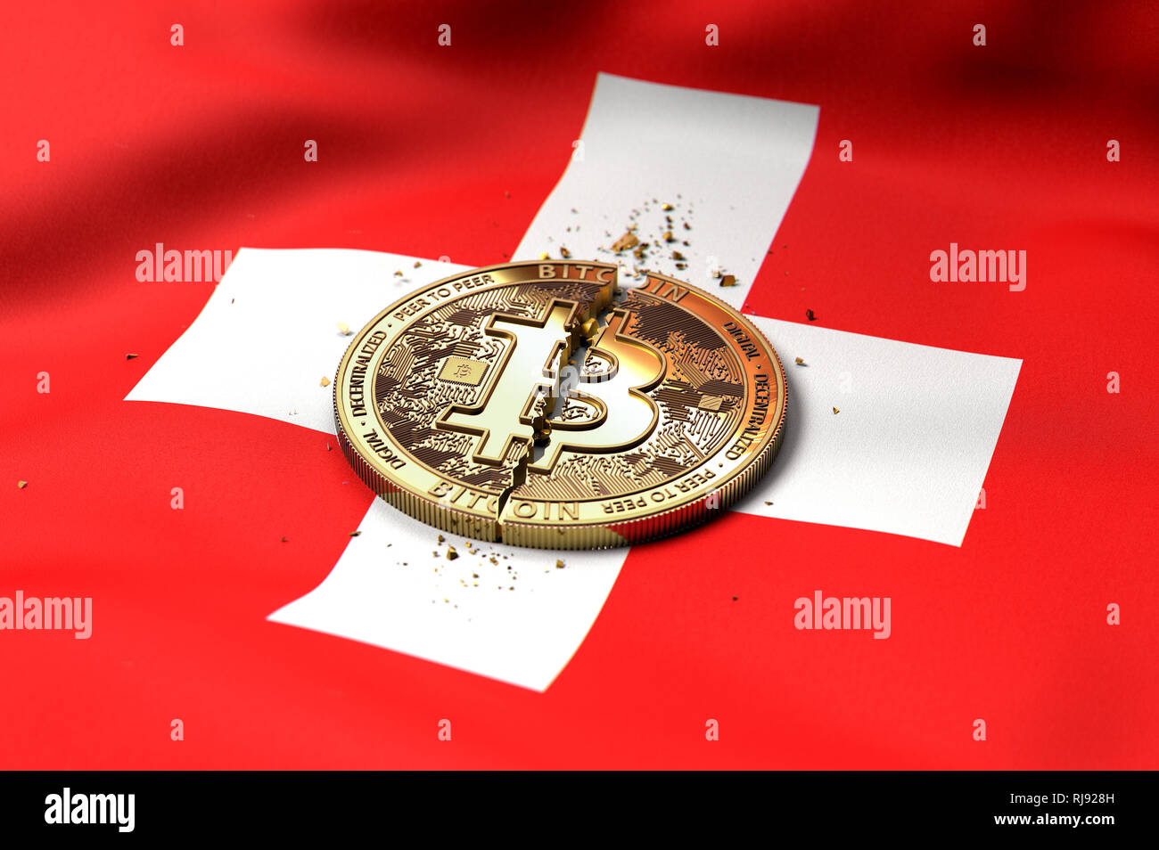 Cracked Bitcoin coin on Swiss flag. Bad Bitcoin condition in ...