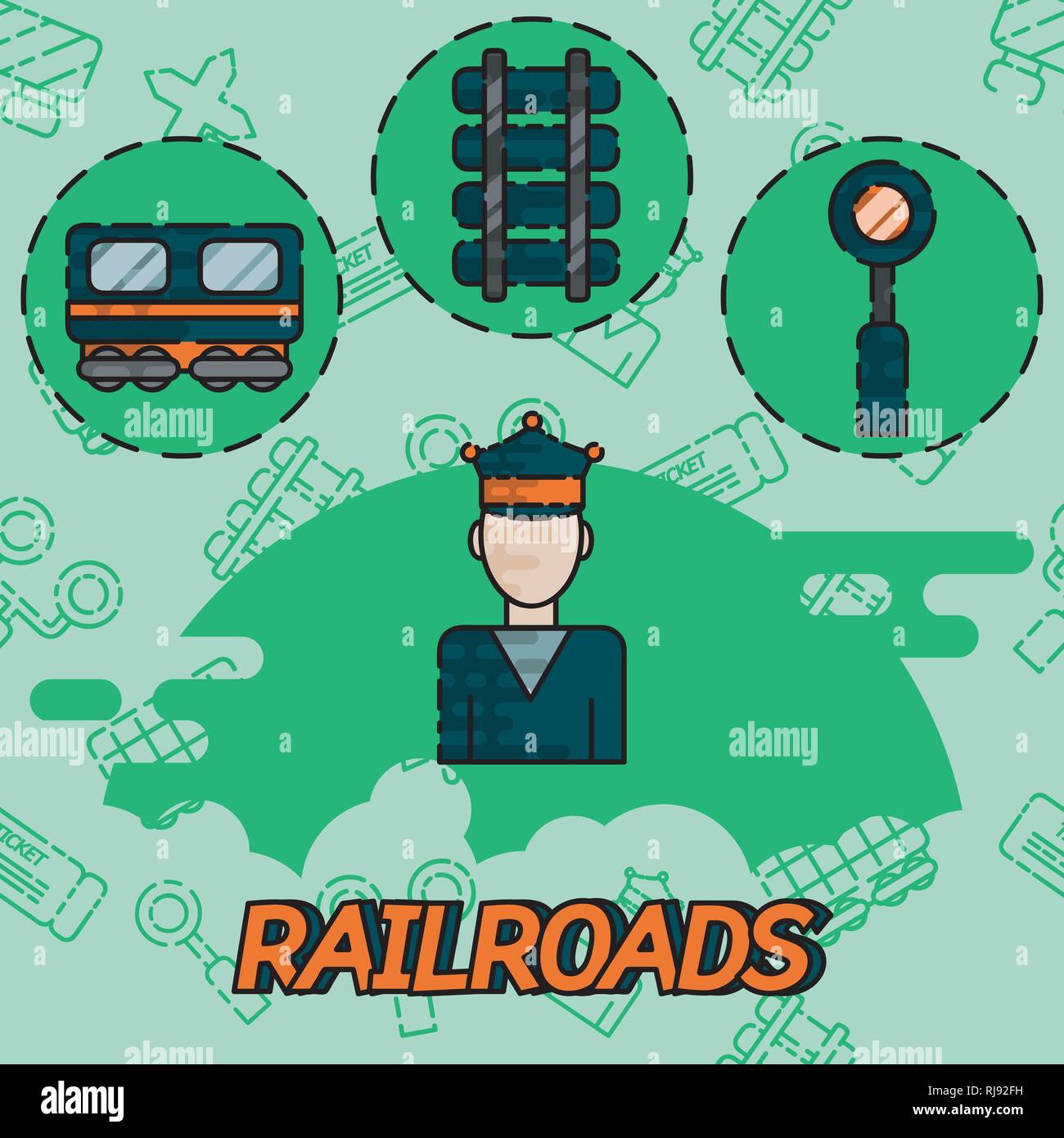 Railroads flat concept icons. Train and conductor, transport and ...