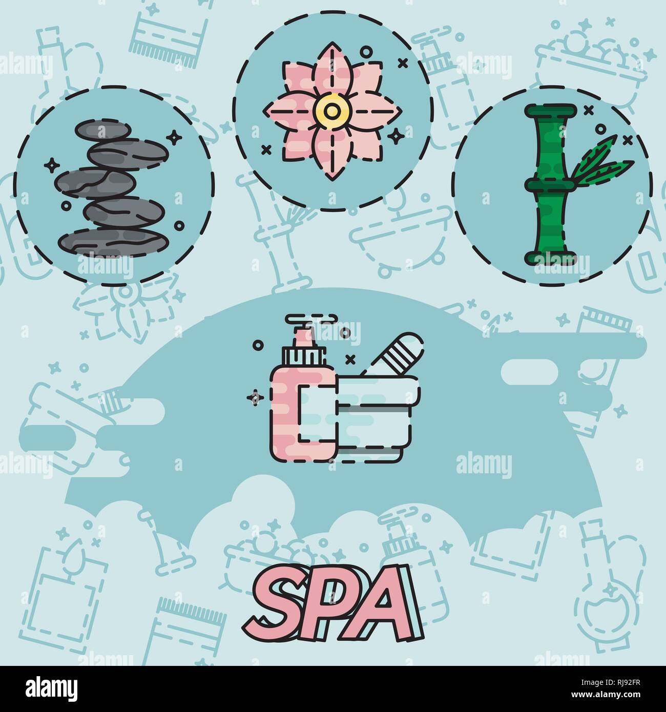 Spa design concept set with body care and massage flat icons isolated ...