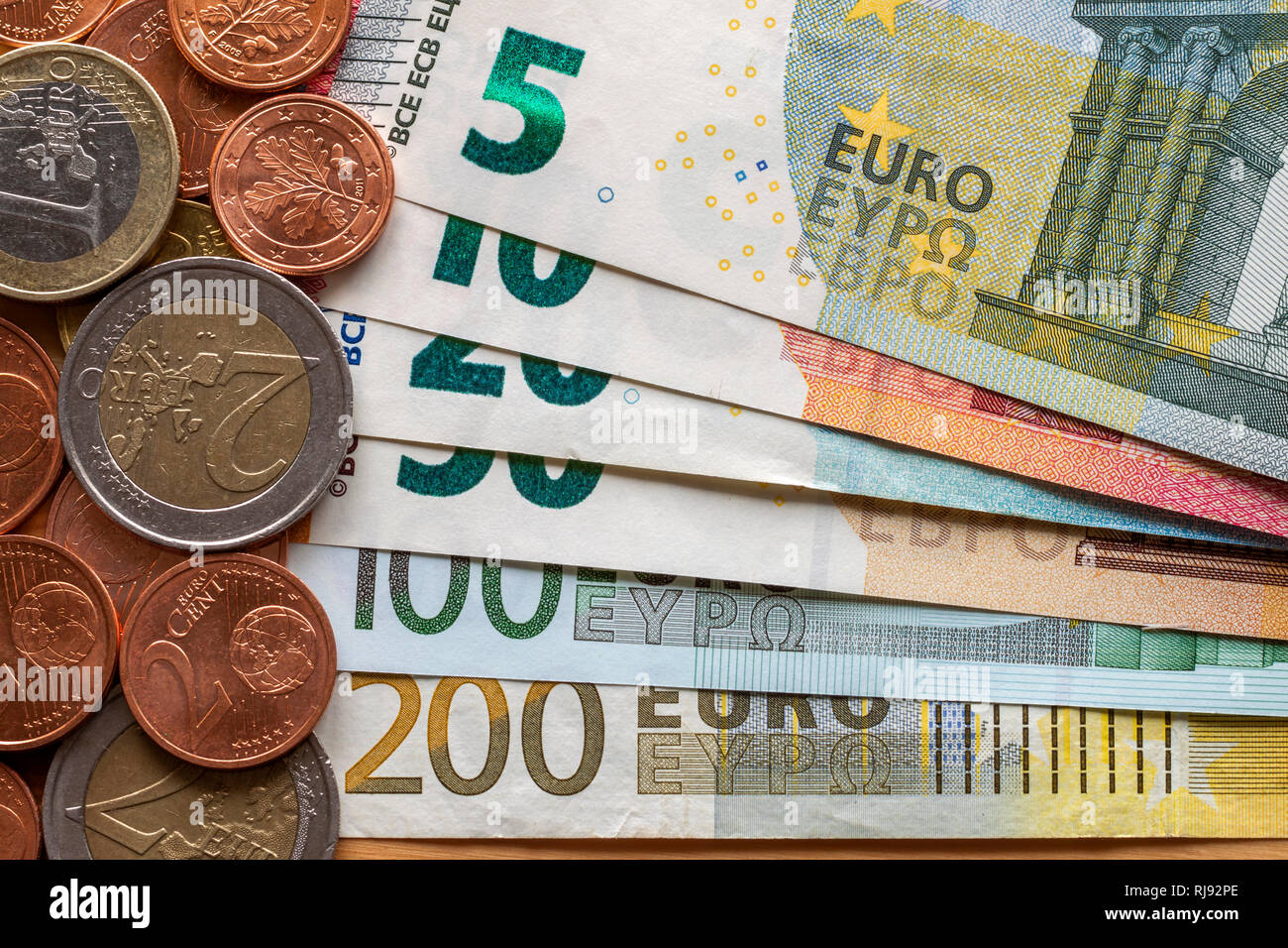 Neatly arranged stack of euro banknotes, currency bills worth ten ...