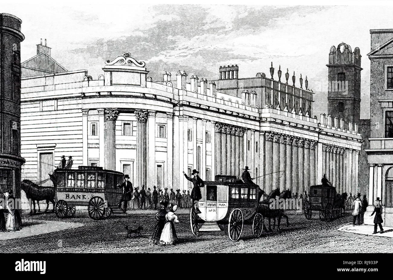 An engraving depicting horse buses by the Bank of England. Dated 19th ...