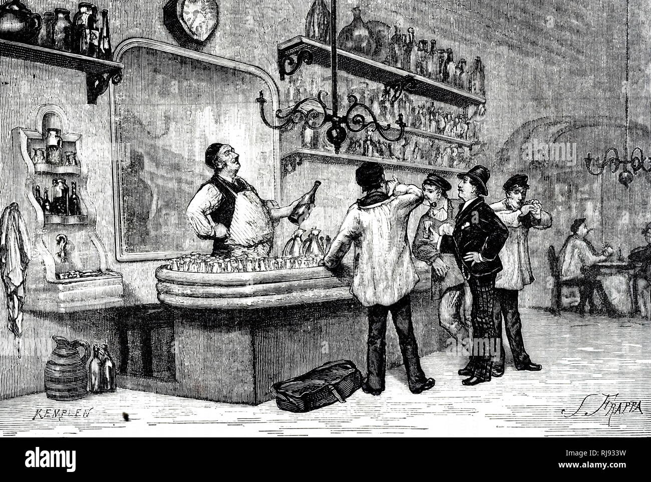 An engraving depicting the inside of a French bar. Dated 19th century ...