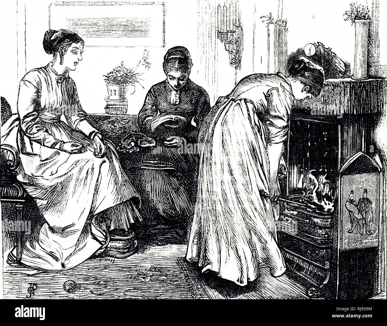 An engraving depicting a parlour maid making up a coal fire ...
