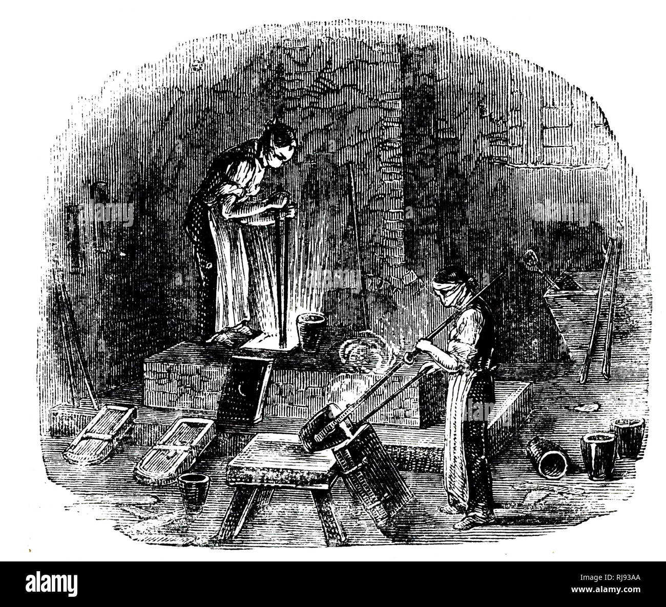 An engraving depicting a brass factory: pouring molten brass from ...