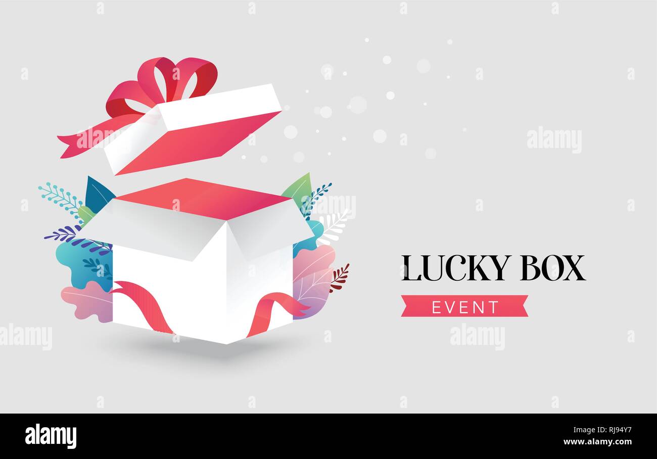 Lucky box, opened white present box with red ribbon. Sale concept ...