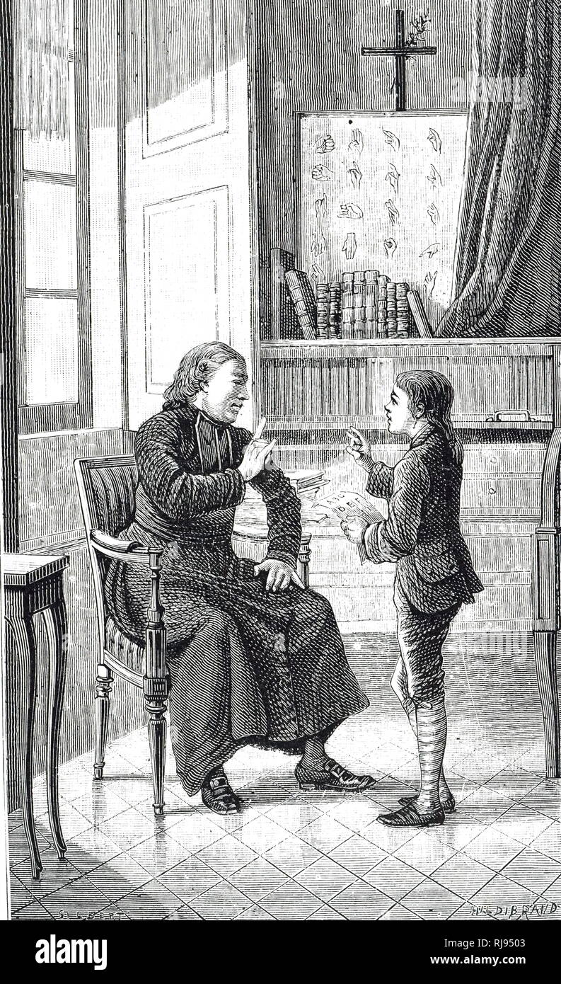 An engraving depicting Charles-Michel de l'Epee teaching a deaf child ...