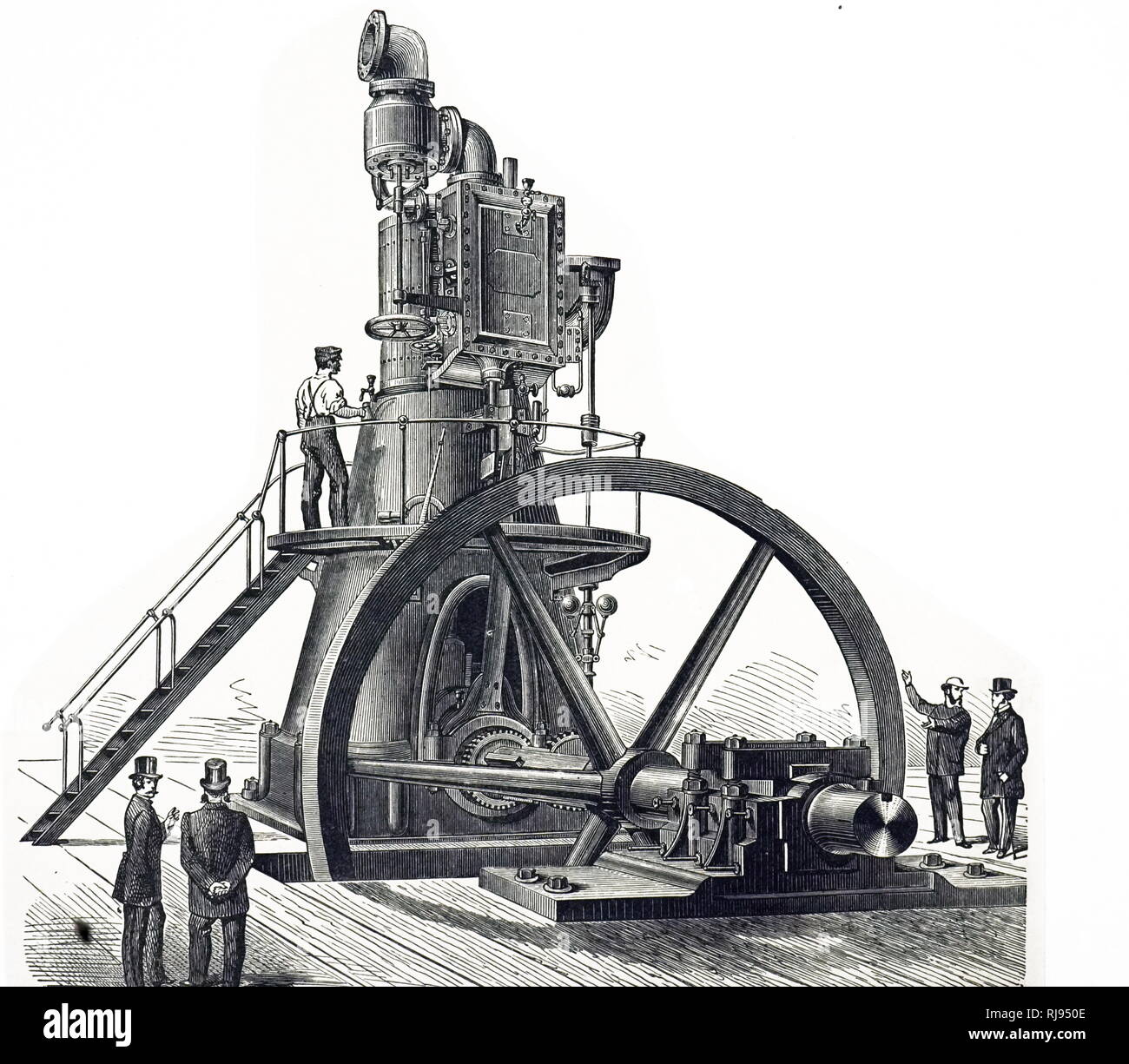 An engraving depicting a vertical steam engine showing a governor and ...