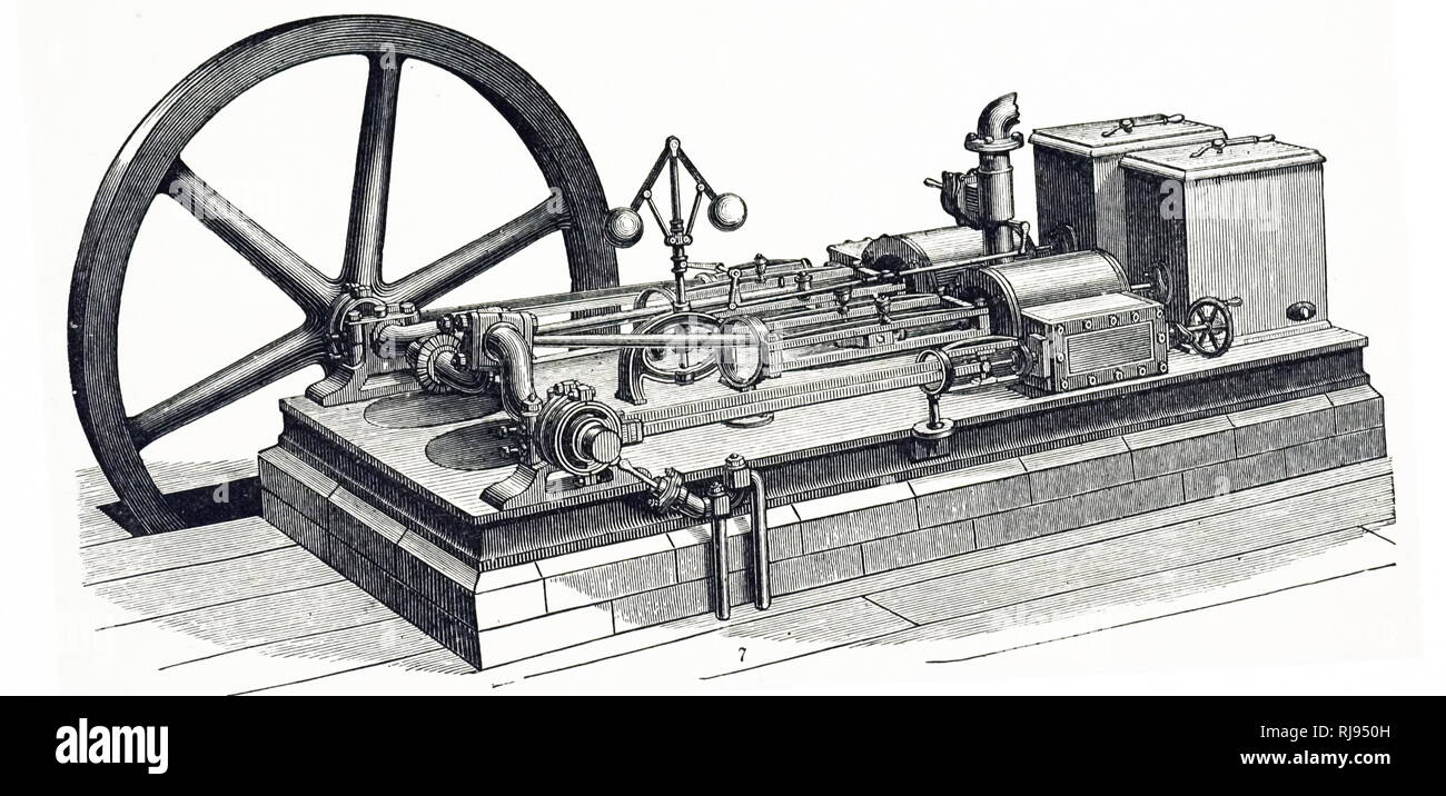 An engraving depicting a horizontal steam engine showing a governor and ...
