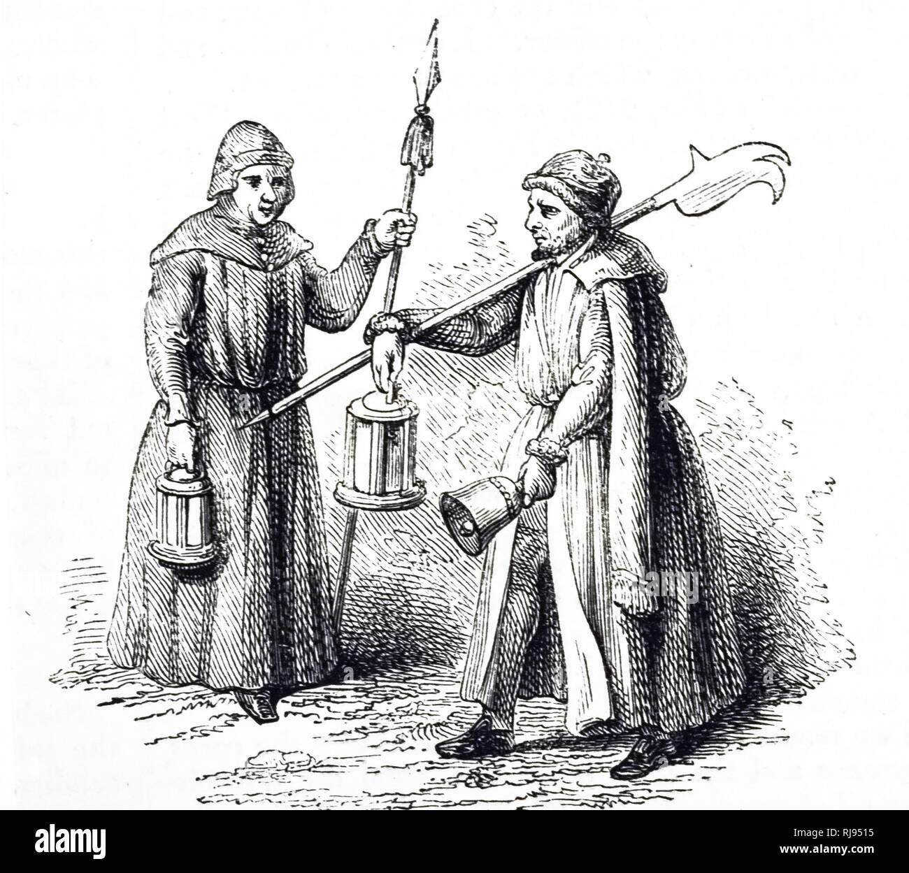 An engraving depicting 17th-century watchmen with their lanterns and ...