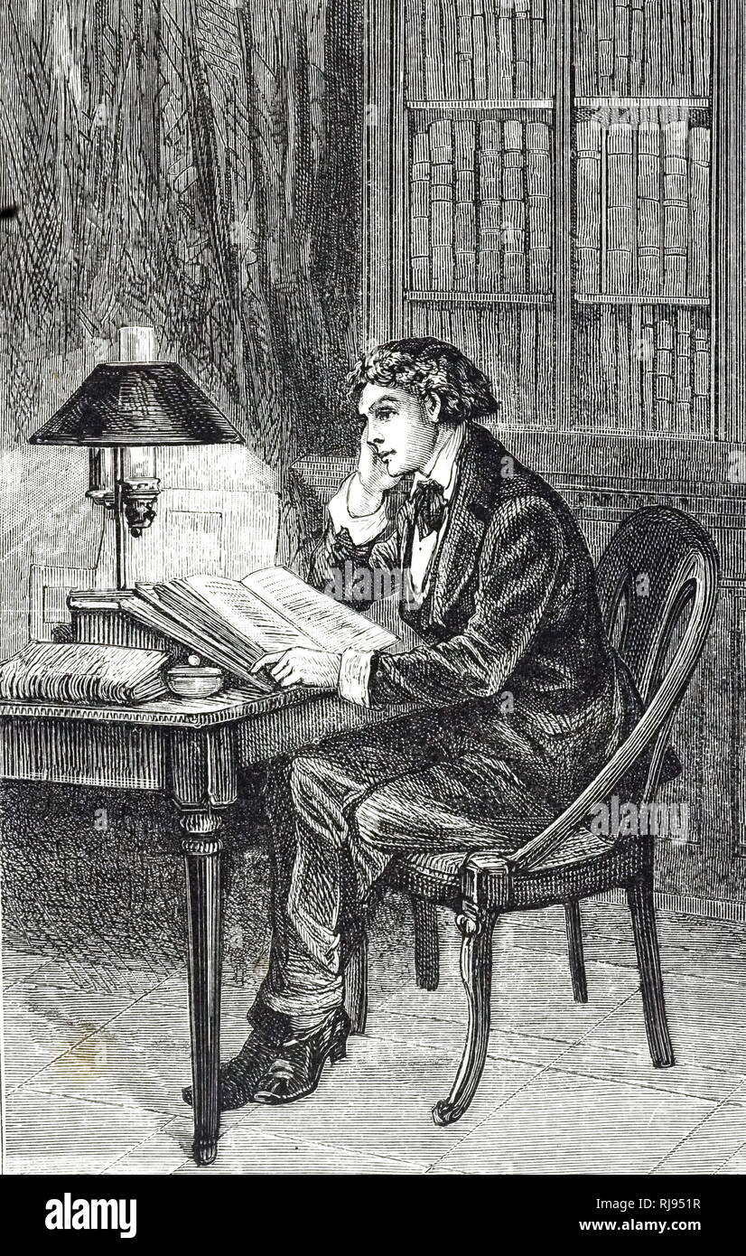 An engraving depicting a young man reading by the light of an oil lamp ...