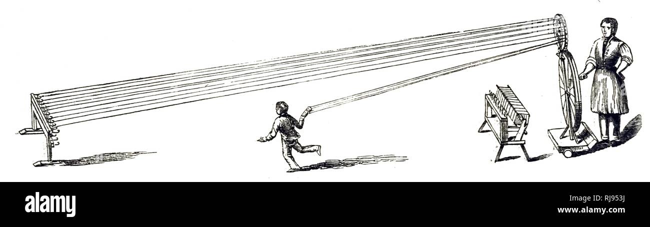 An engraving depicting the method of throwing (twisting) silk by hand ...