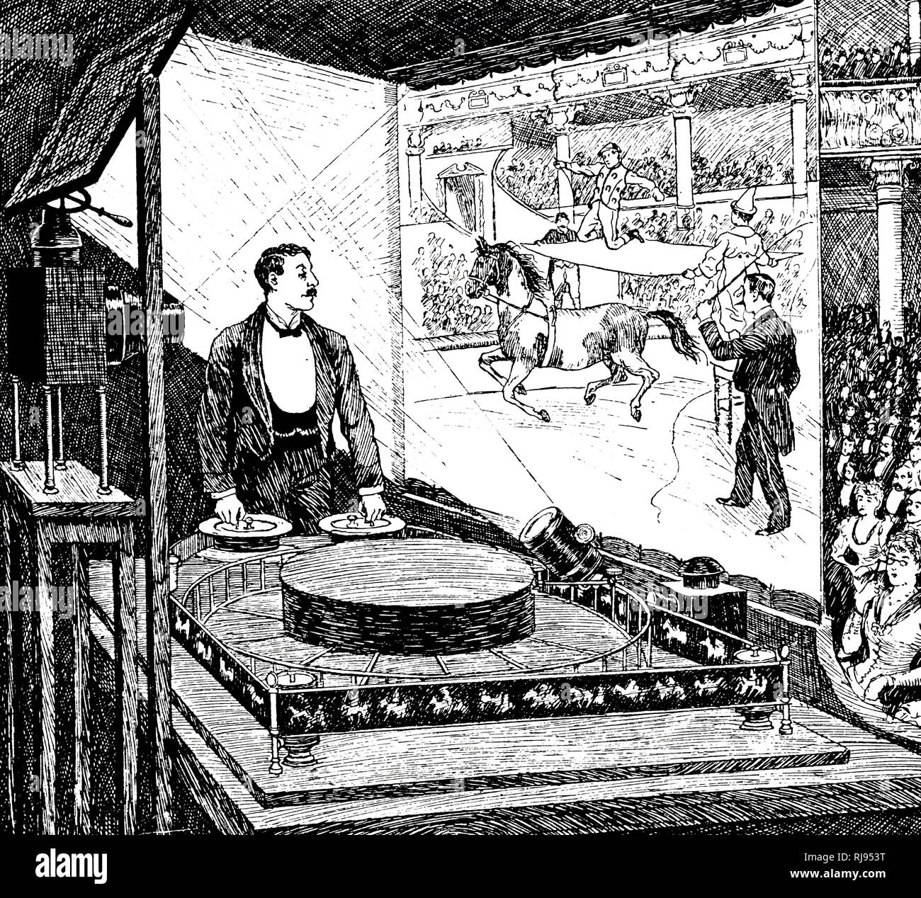 An engraving depicting an audience watching a performance on Reynaud's ...