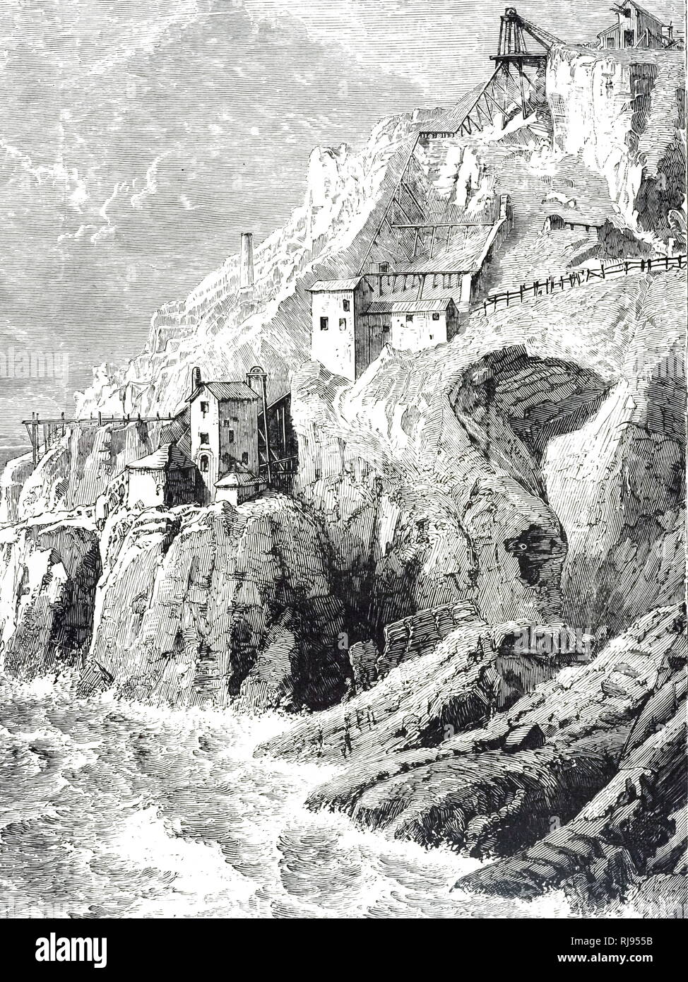 An engraving depicting a Botallack mine. Botallack is a village in west ...
