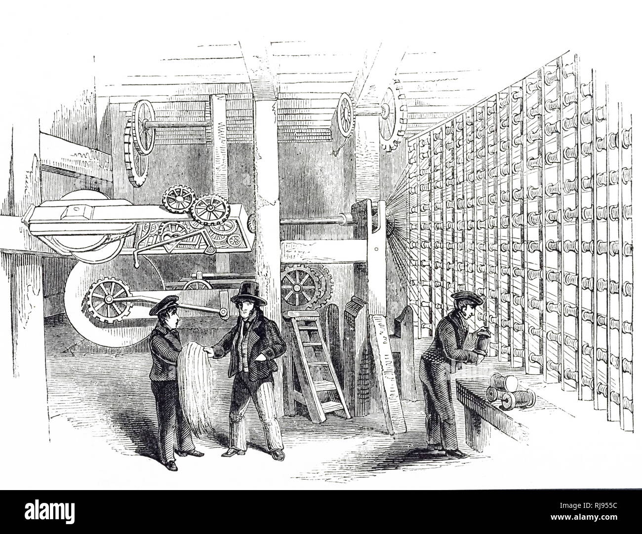 An engraving depicting Joseph Huddart's machinery for making rope. The ...
