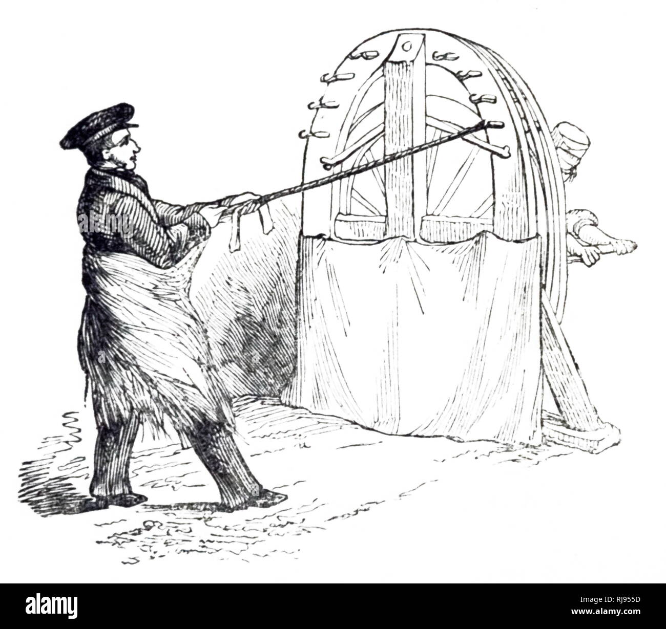 An engraving depicting the manufacture of rope. The rope is spun from ...