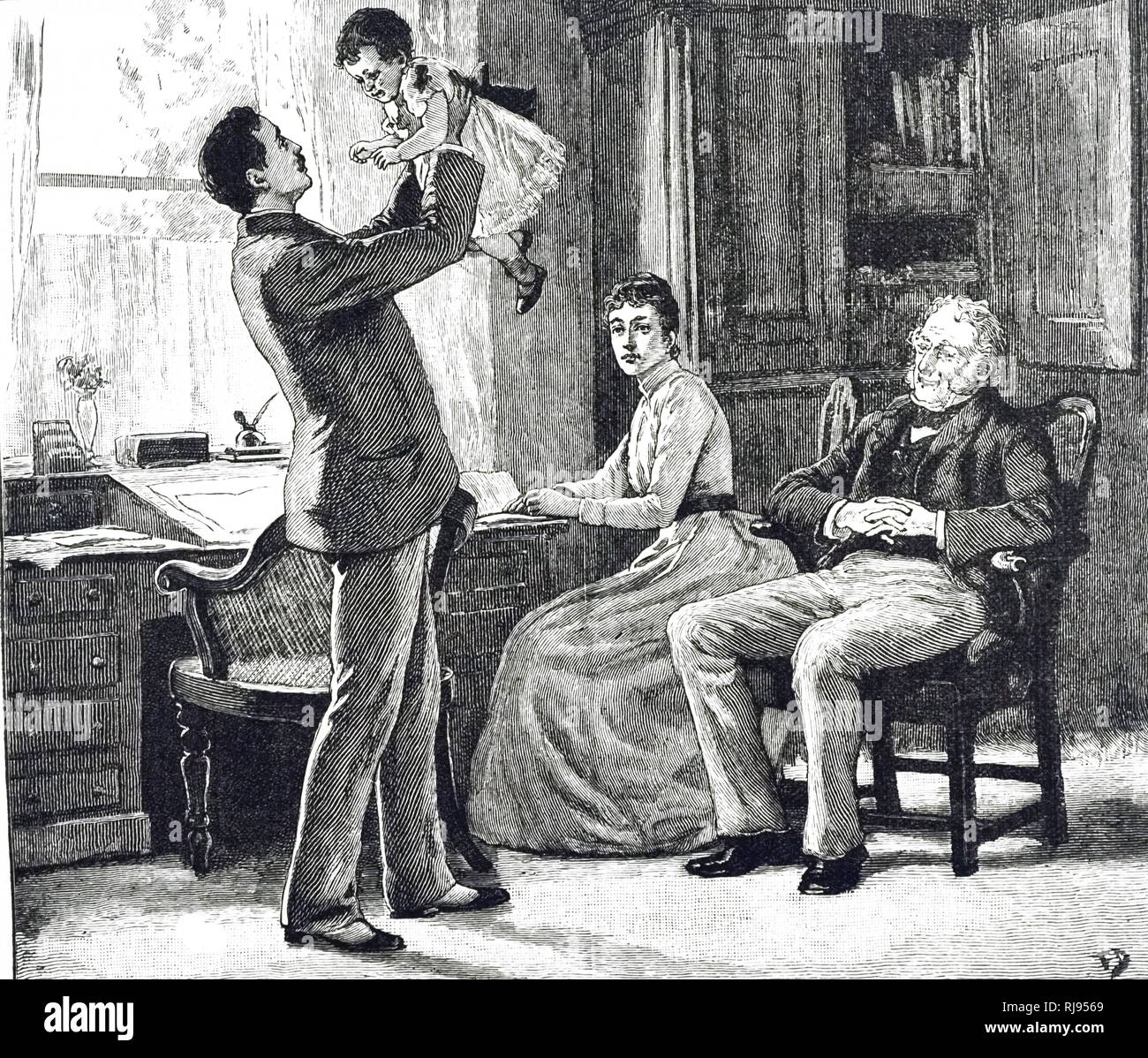 An engraving depicting the generations of one family in one room ...