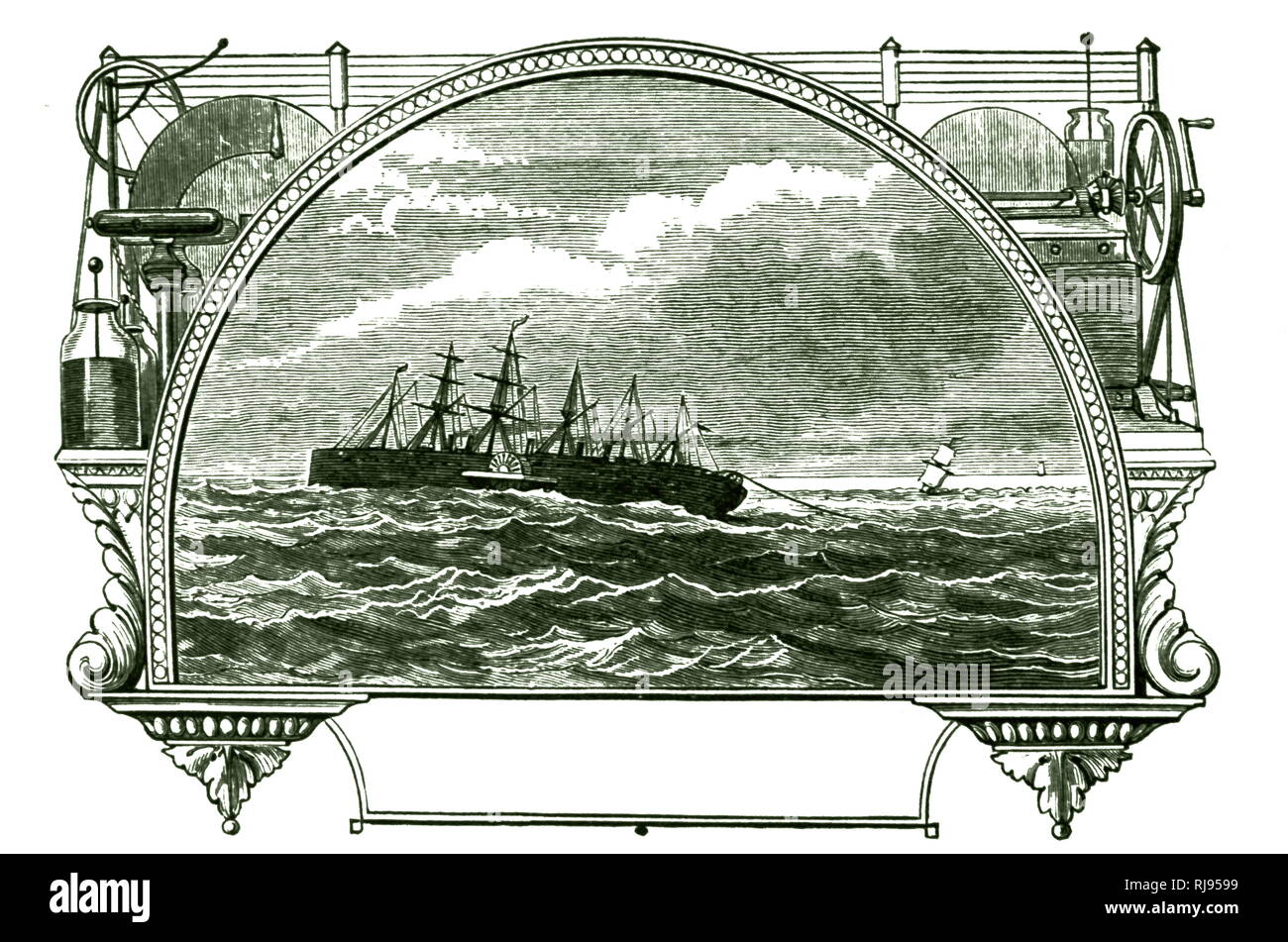 An engraving depicting the 'Great Eastern' laying the cable of the ...