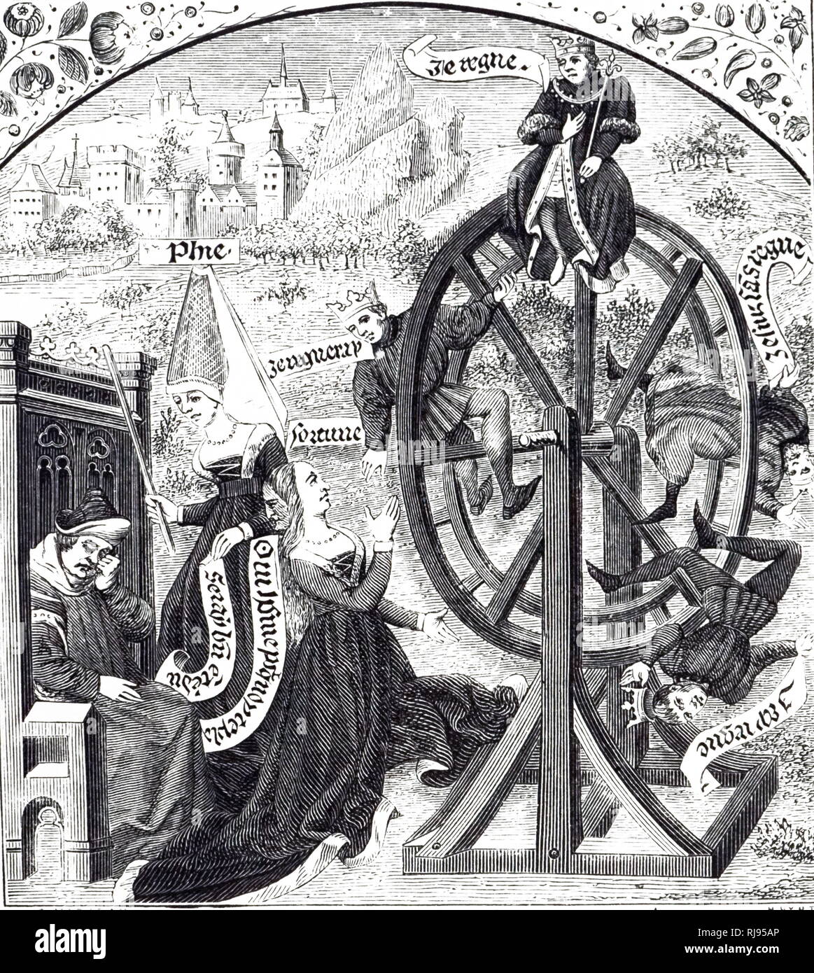 A woodcut engraving depicting the 'Wheel of Fortune' after a 15th ...