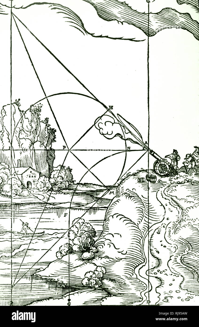 A woodcut engraving depicting a gunner firing ball from a mortar. Path ...