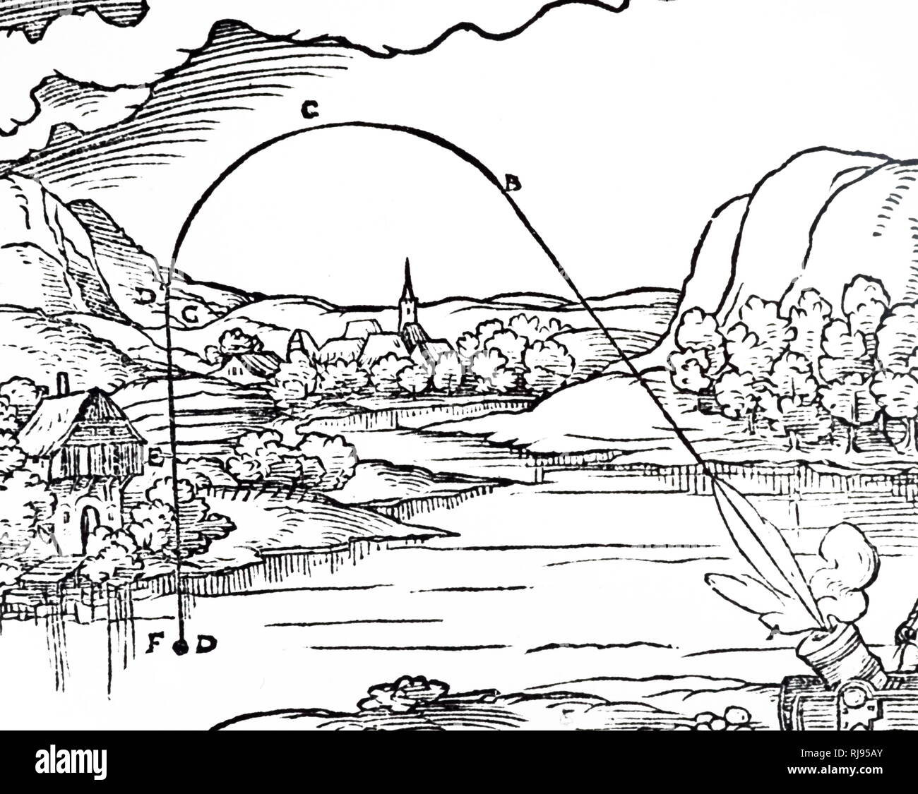 A woodcut engraving depicting a gunner firing ball from a mortar. The ...