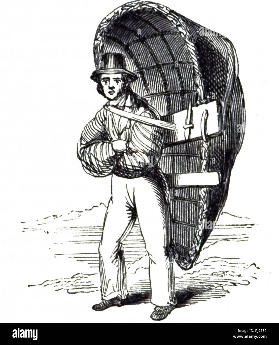 An engraving depicting a coracle, a small round boat made of wickerwork ...