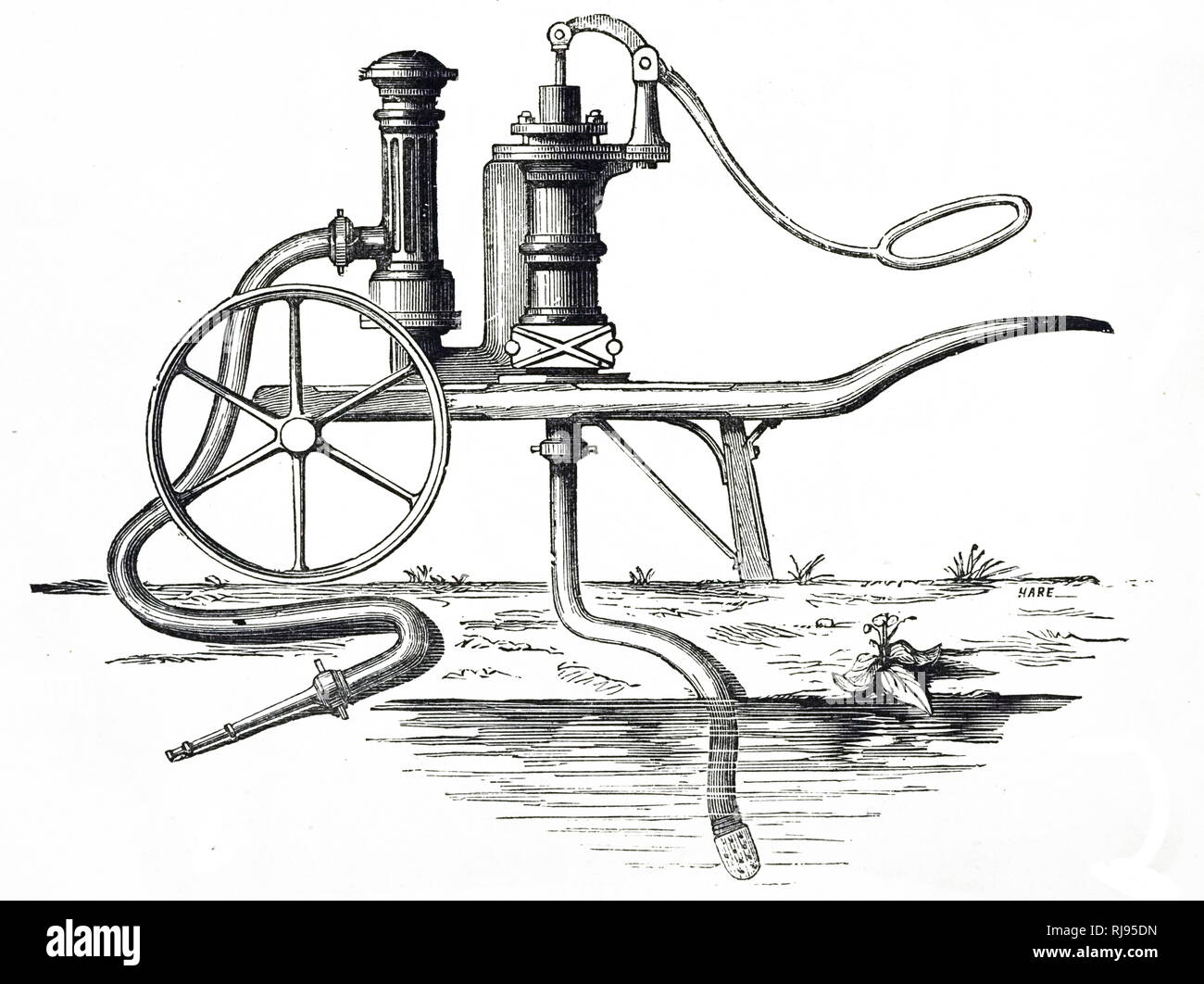 An engraving depicting a portable double-action force pump for the farm ...