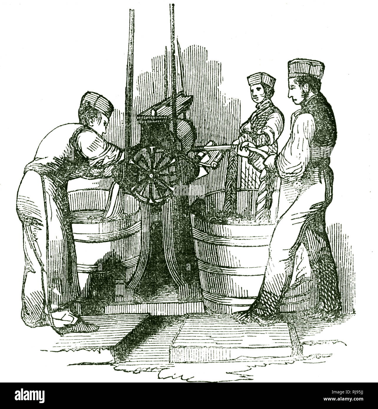 An engraving depicting the production of the worsted using a warp ...