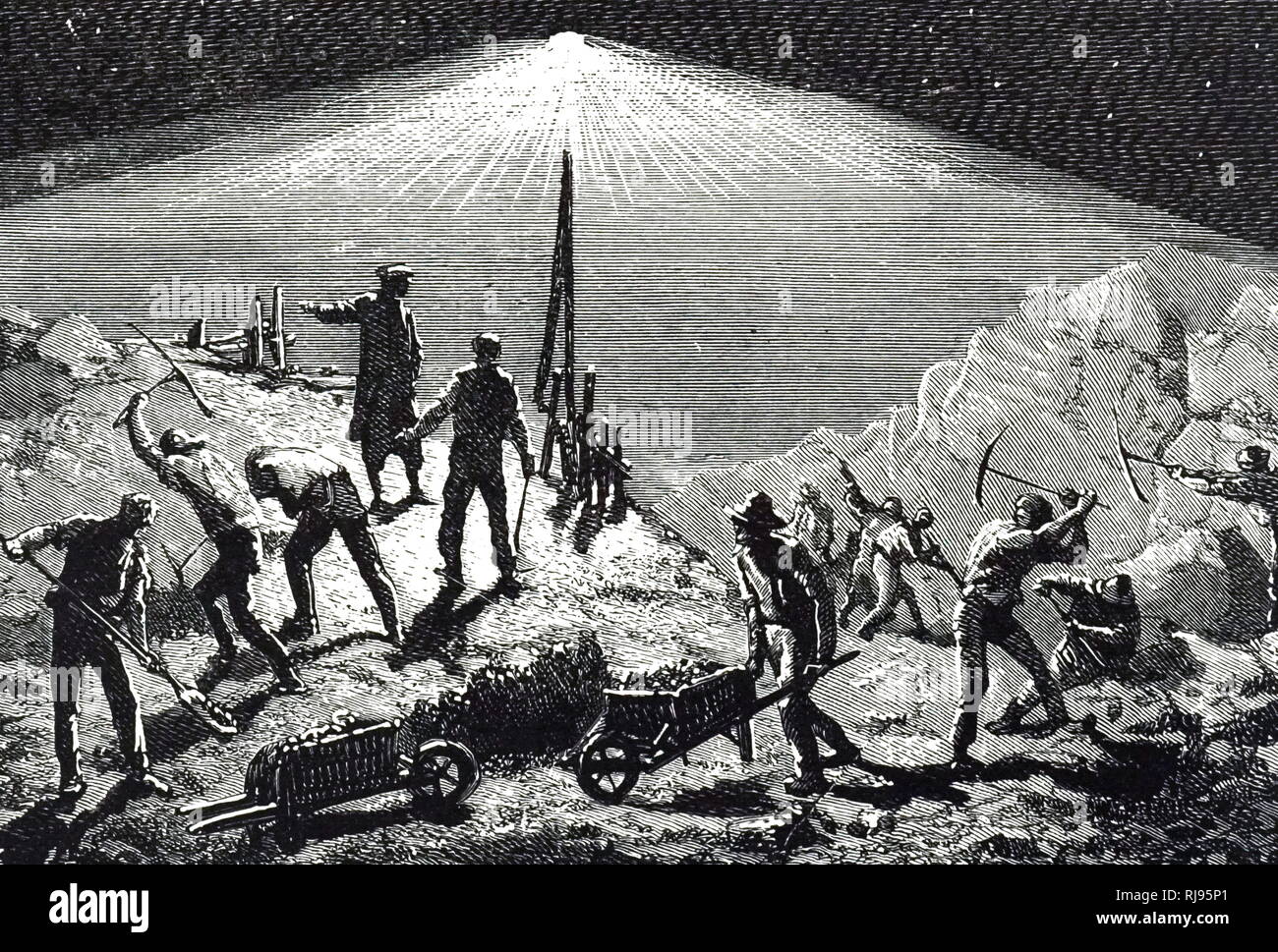 19th century, construction workers clearing a site at night using an ...