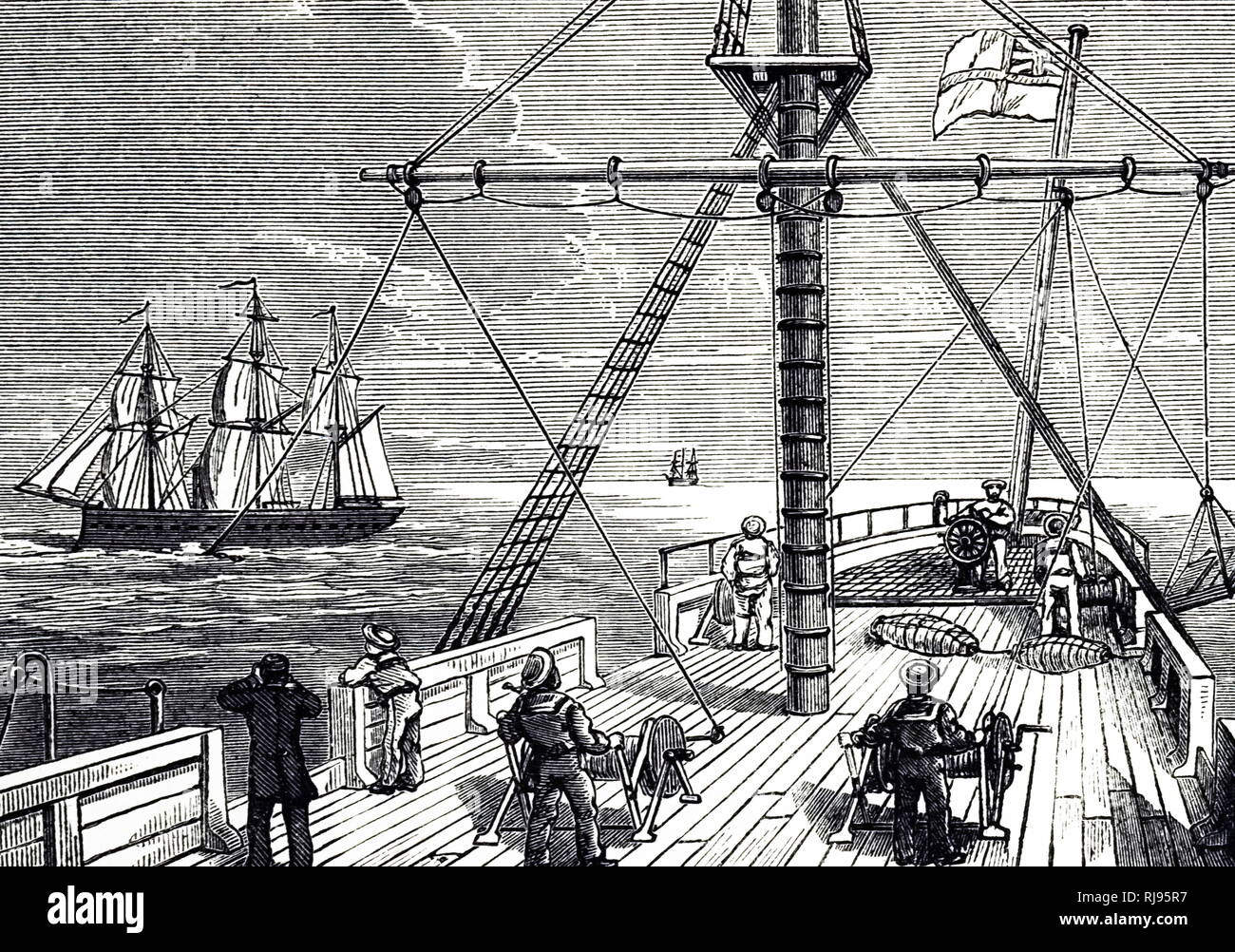 An engraving depicting a crew working the brakes on a Harvey Torpedo ...